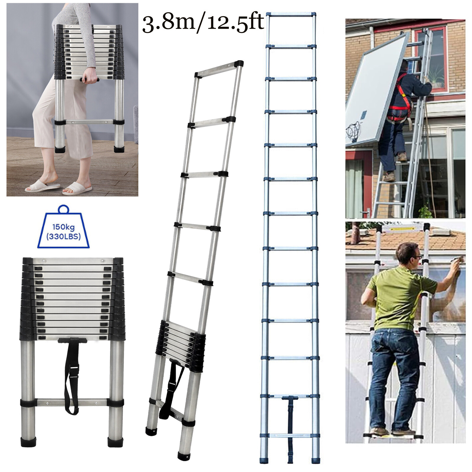 Telescopic Stainless steel Straight 3.8M 12.5ft Ladder Retractable Non ...