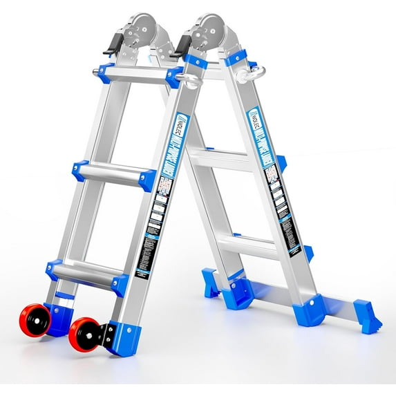 Telescoping A-Frame Ladder with Wheels & Stabilizer Bar - 11FT Folding ...