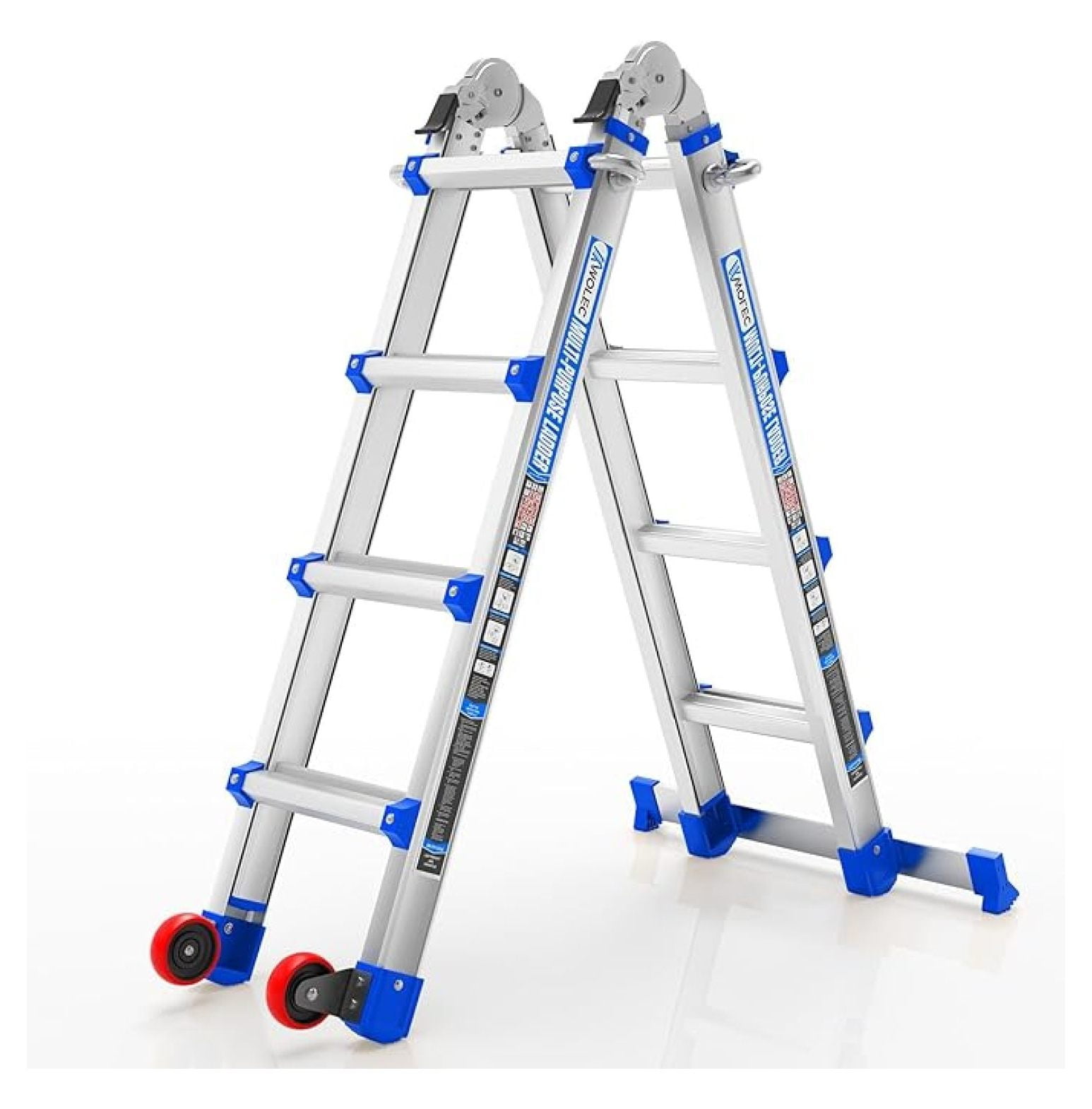 Telescoping A-Frame Ladder with Wheels & Stabilizer Bar - 14FT Folding ...