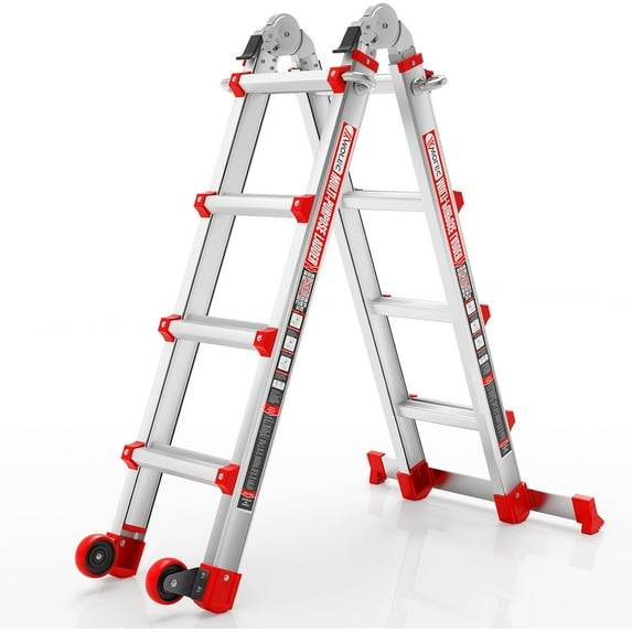 Telescoping A-Frame Ladder with Wheels & Stabilizer Bar - 14FT Folding ...