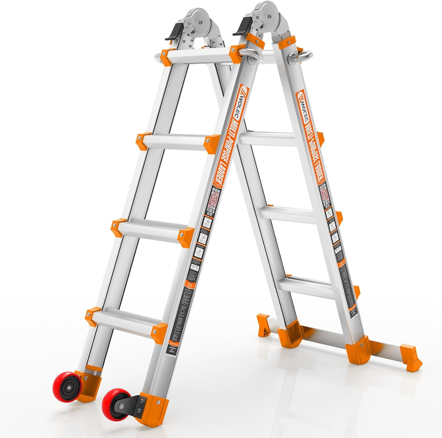 Telescoping A-Frame Ladder with Wheels & Stabilizer Bar - 14FT Folding ...