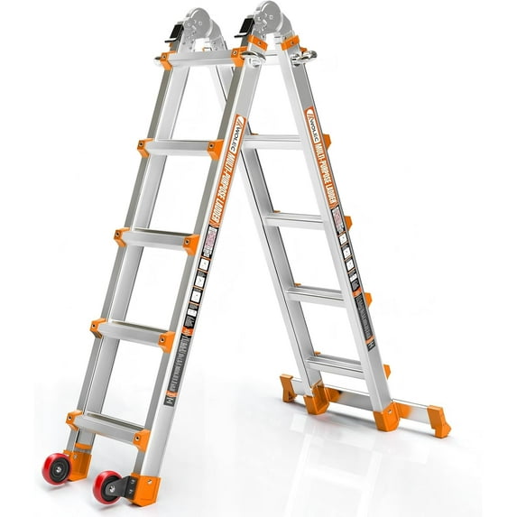 Telescoping A-Frame Ladder with Wheels & Stabilizer Bar - 17FT Folding ...
