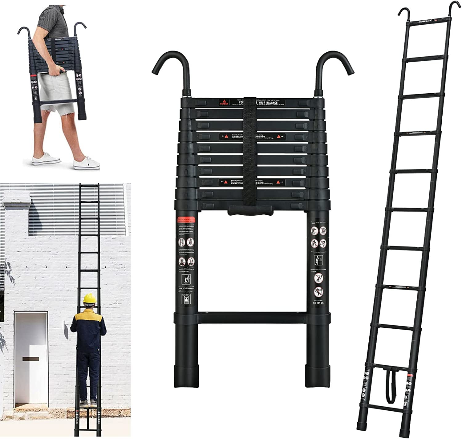 Telescoping Aluminum Ladder, 10FT Extension with 2 Roof Ladder Hooks ...