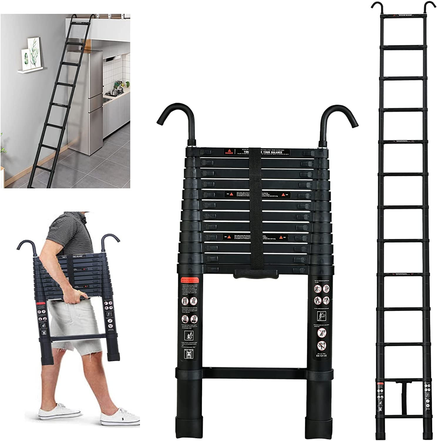 Telescoping Extension Ladder 12FT With 2 Detachable Roof Hooks 2.8 ...