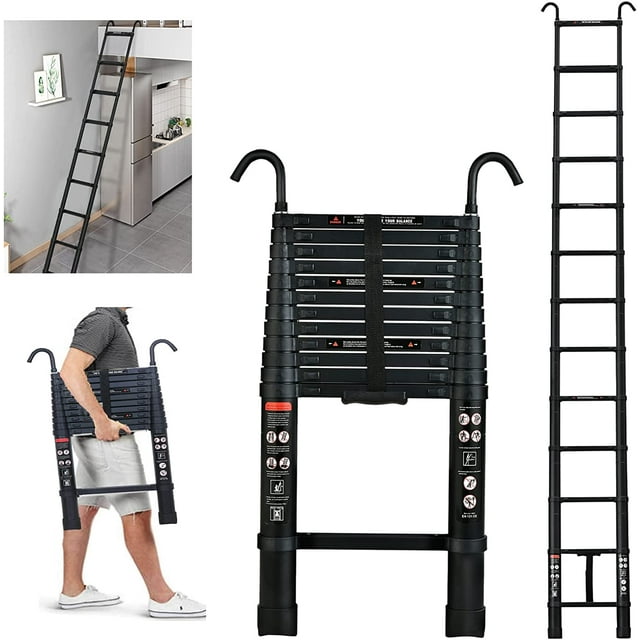 Telescoping Extension Ladder 12FT With 2 Detachable Roof Hooks 2.8 ...