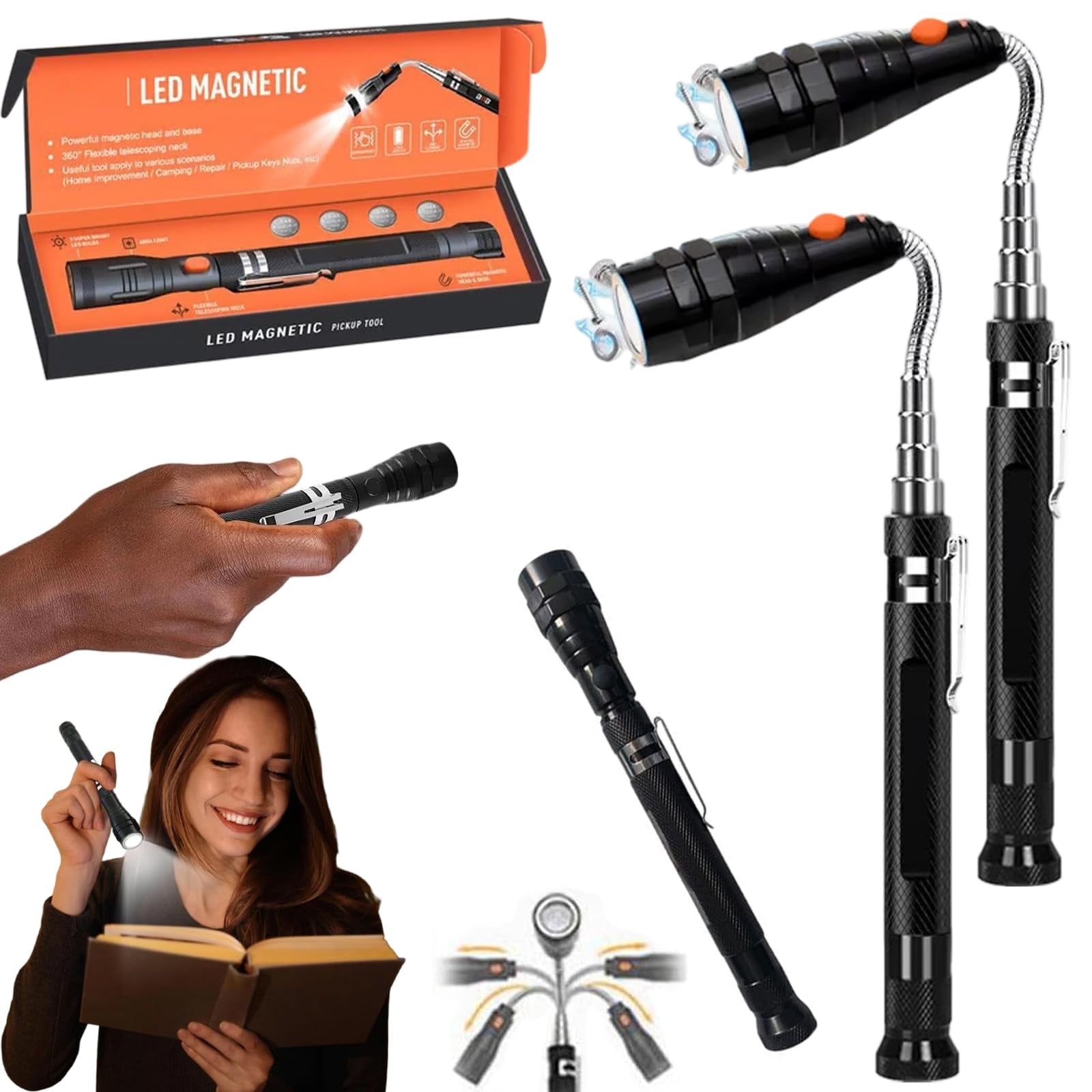 Telescoping Flashlight with Magnet, LED Magnetic Pickup Tools with ...