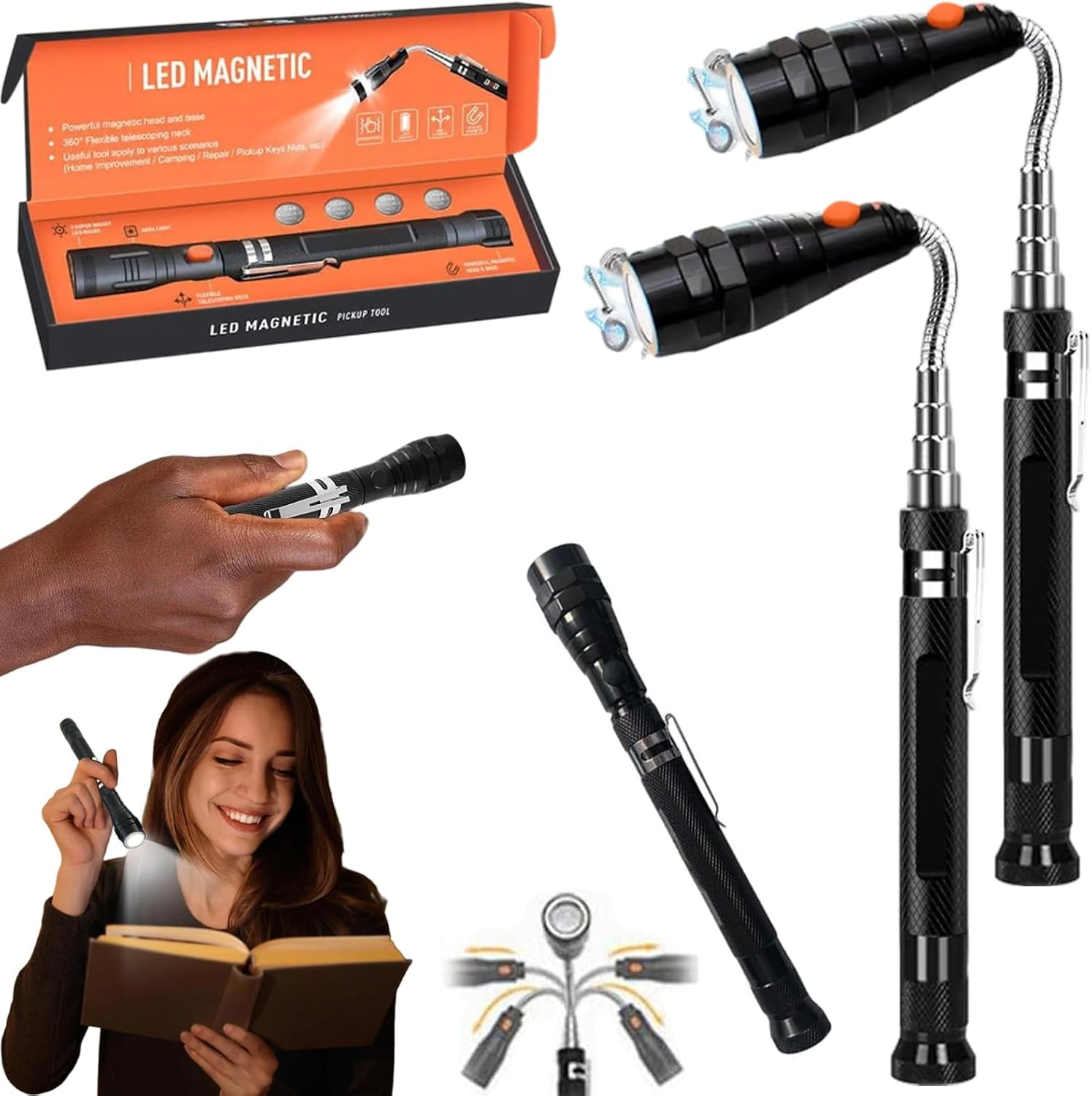 Telescoping Flashlight with Magnet, LED Magnetic Pickup Tools with ...