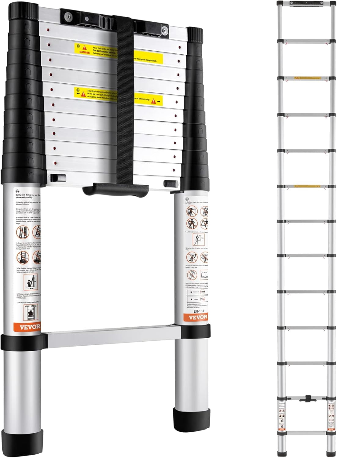 Telescoping Ladder, 10.5 FT Aluminum One-button Retraction Collapsible ...