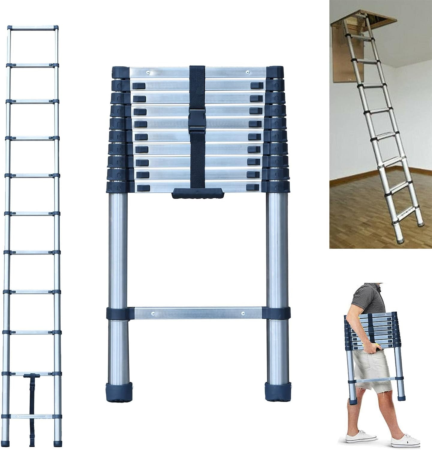 Telescoping Ladder 10.5 FT Stainless Steel Telescopic Extension ...