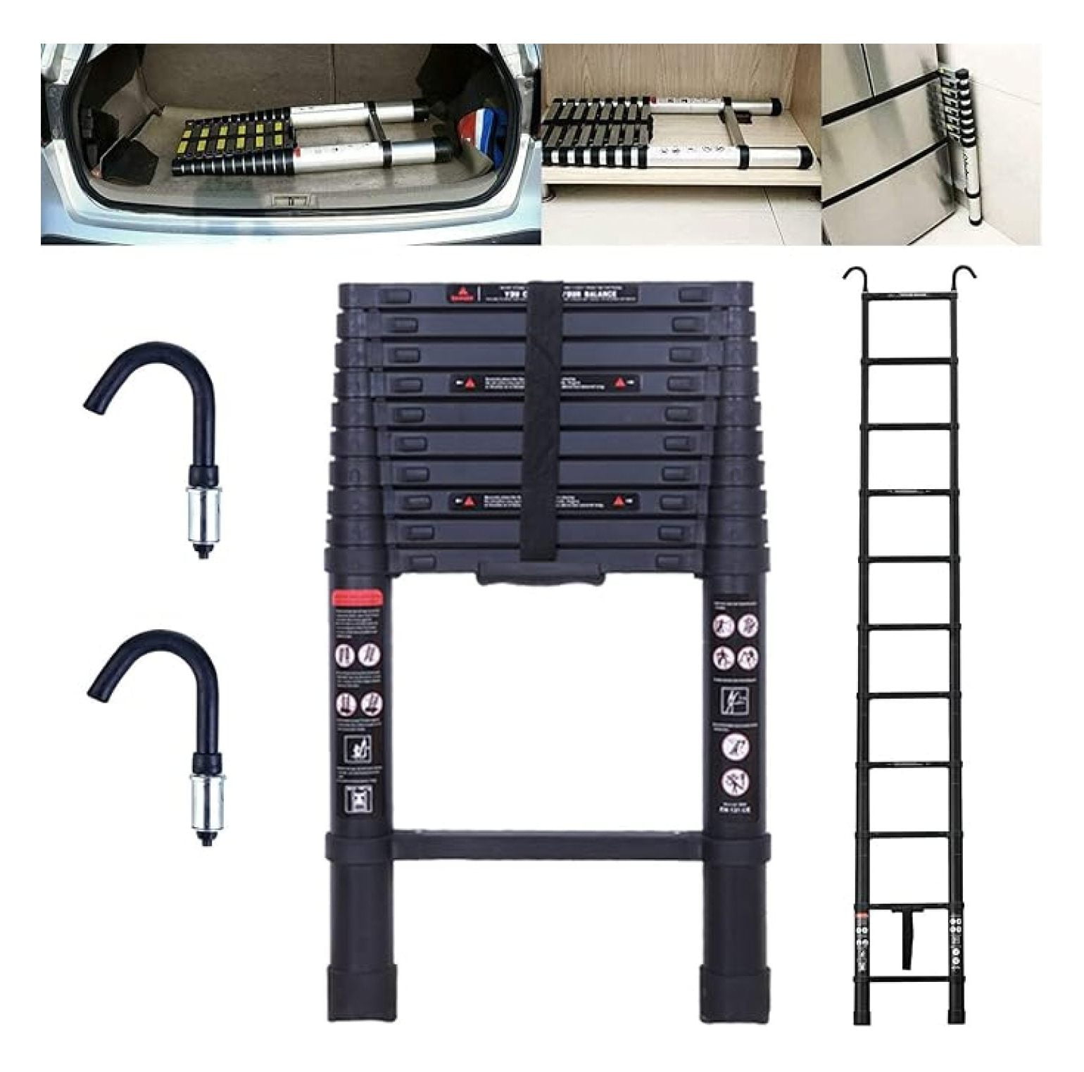 Telescoping Ladder 10.5FT/3.2M Aluminum Black Telescopic Extension ...