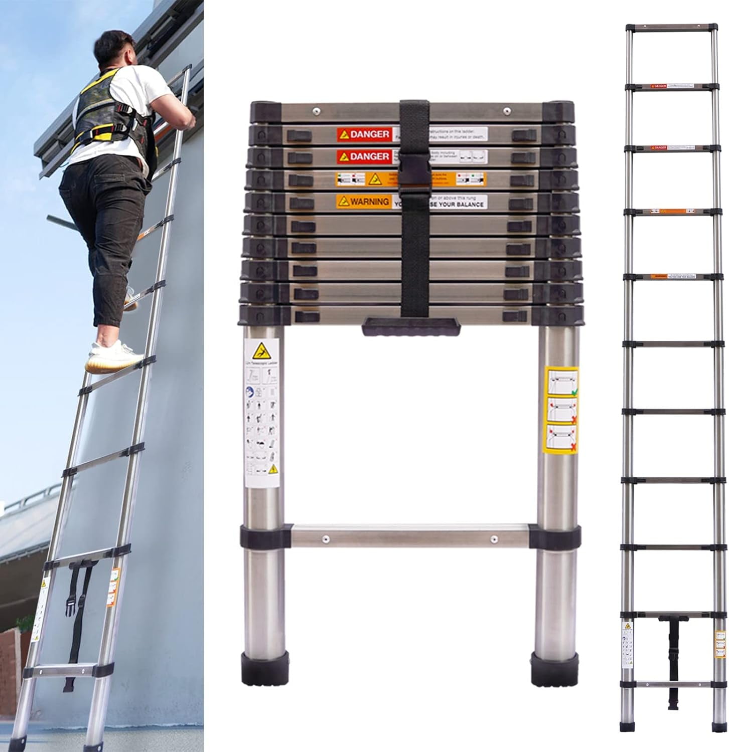 Telescoping Ladder 10.5FT Stainless Steel Heavy Duty Extension ...