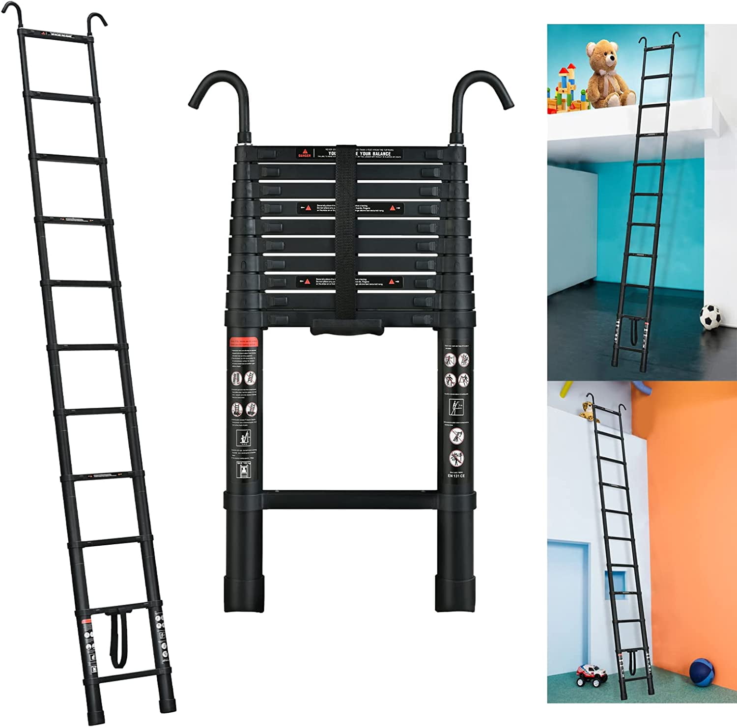 Telescoping Ladder 10FT Extension Ladder with 2 Detachable Roof Ladder ...