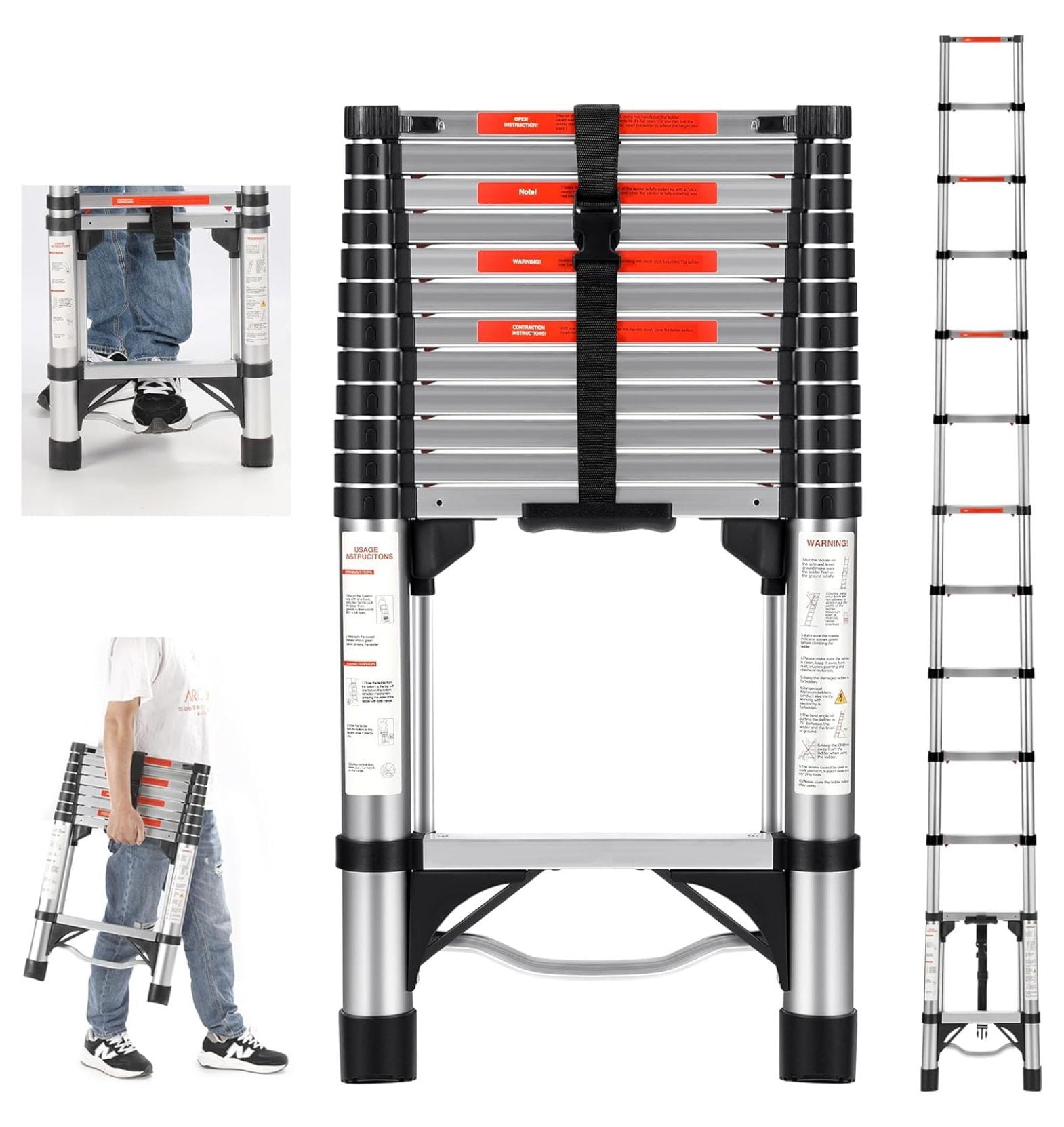 Telescoping Ladder,12.5 FT One Button Retraction Aluminum Telescopic ...