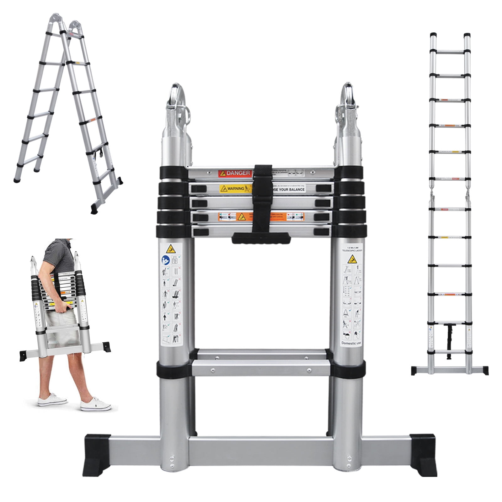 Telescoping Ladder 12.5ft Aluminum Folding Ladder A Shape Portable Home ...