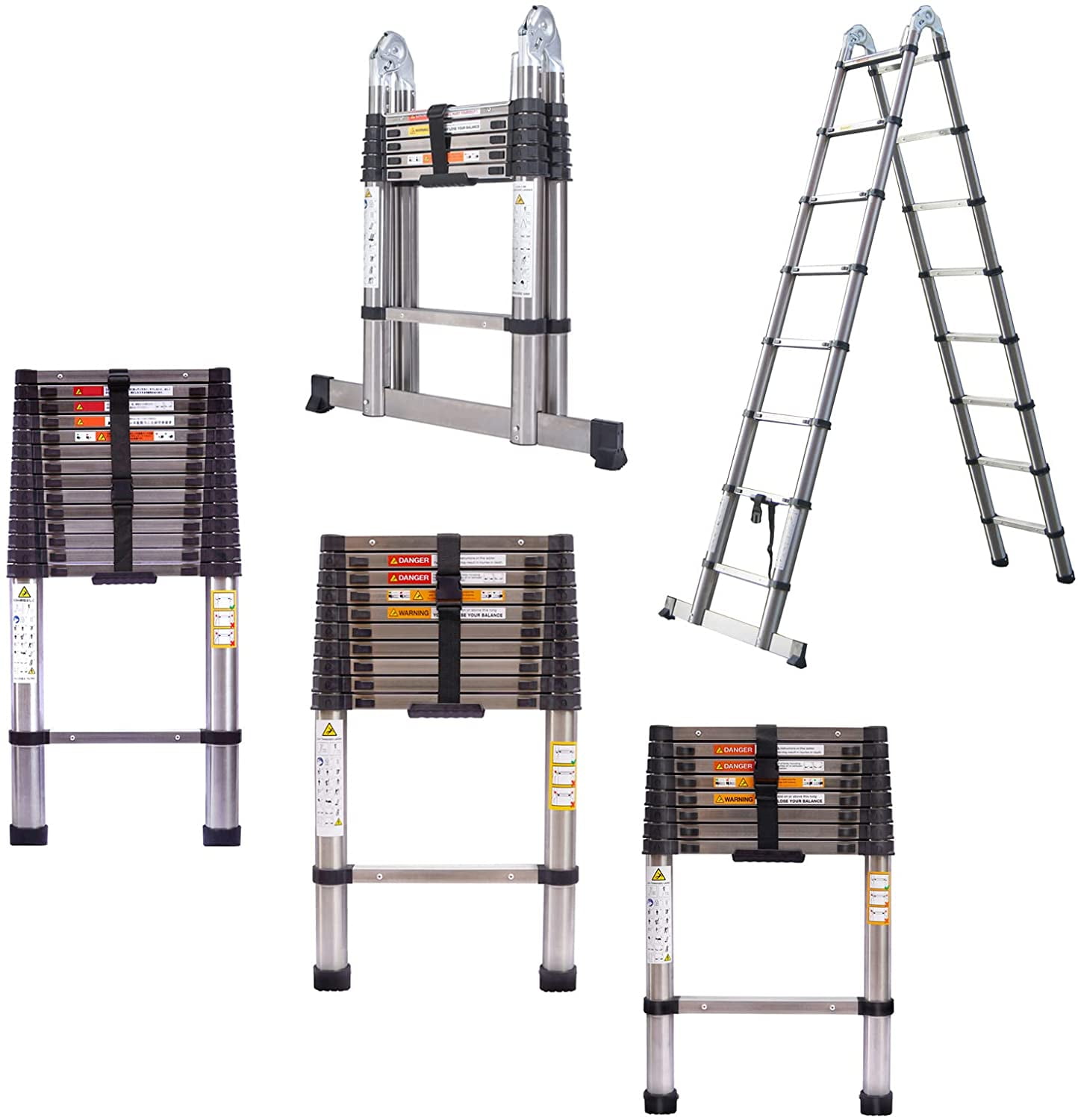 Telescoping Ladder 12.5ft Stainless Steel Extension Folding Ladder ...