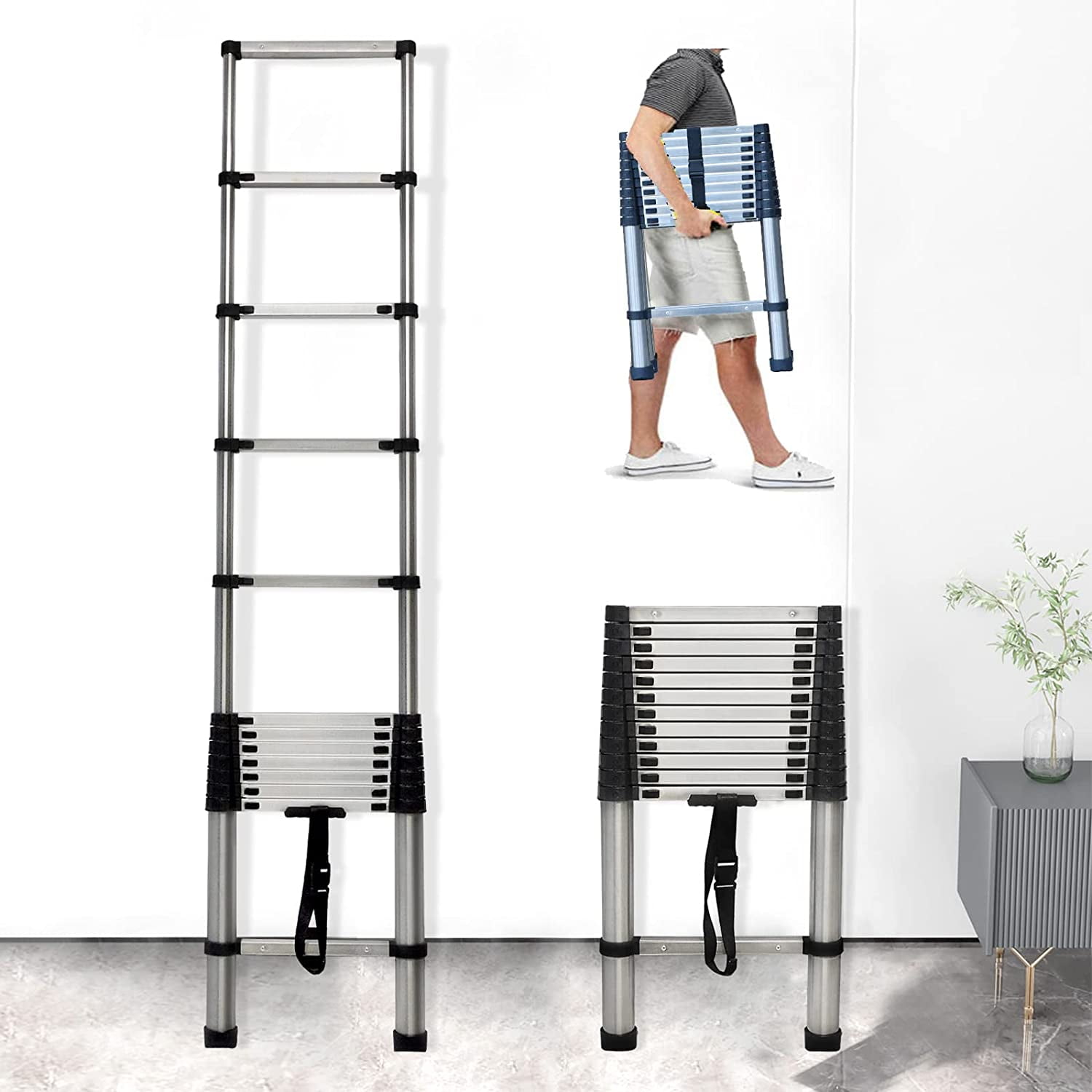 Telescoping Ladder, 12 FT Stainless Steel Telescopic Extension Ladder ...