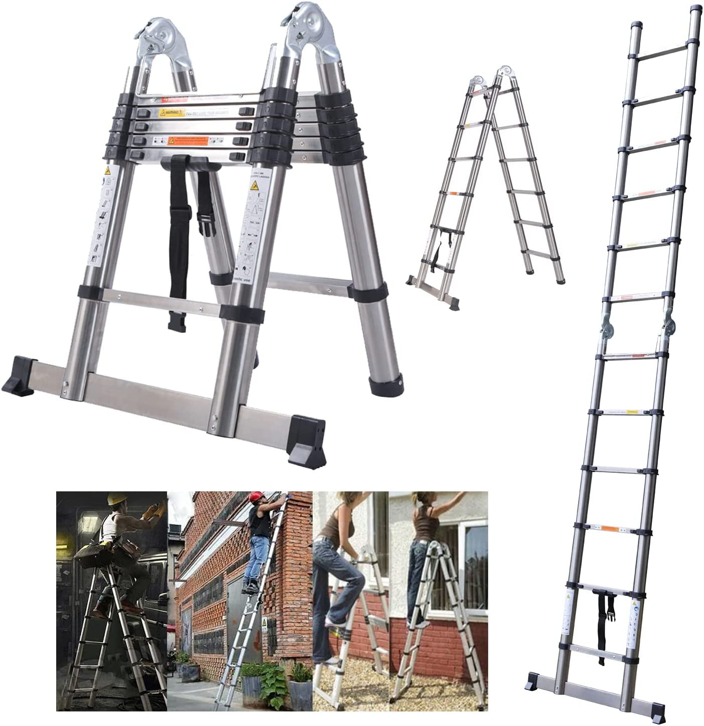 Telescoping Ladder 12FT, Extension Ladder 2-in-1, A-Frame Stainless ...