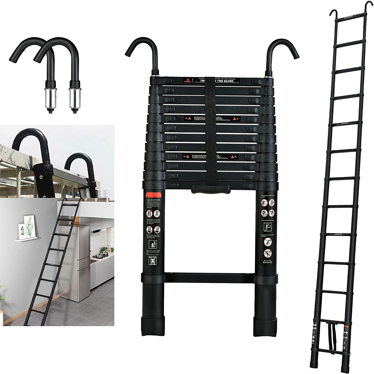 Telescoping Ladder 12FT Extension Ladder with 2 Roof Ladder Hooks ...