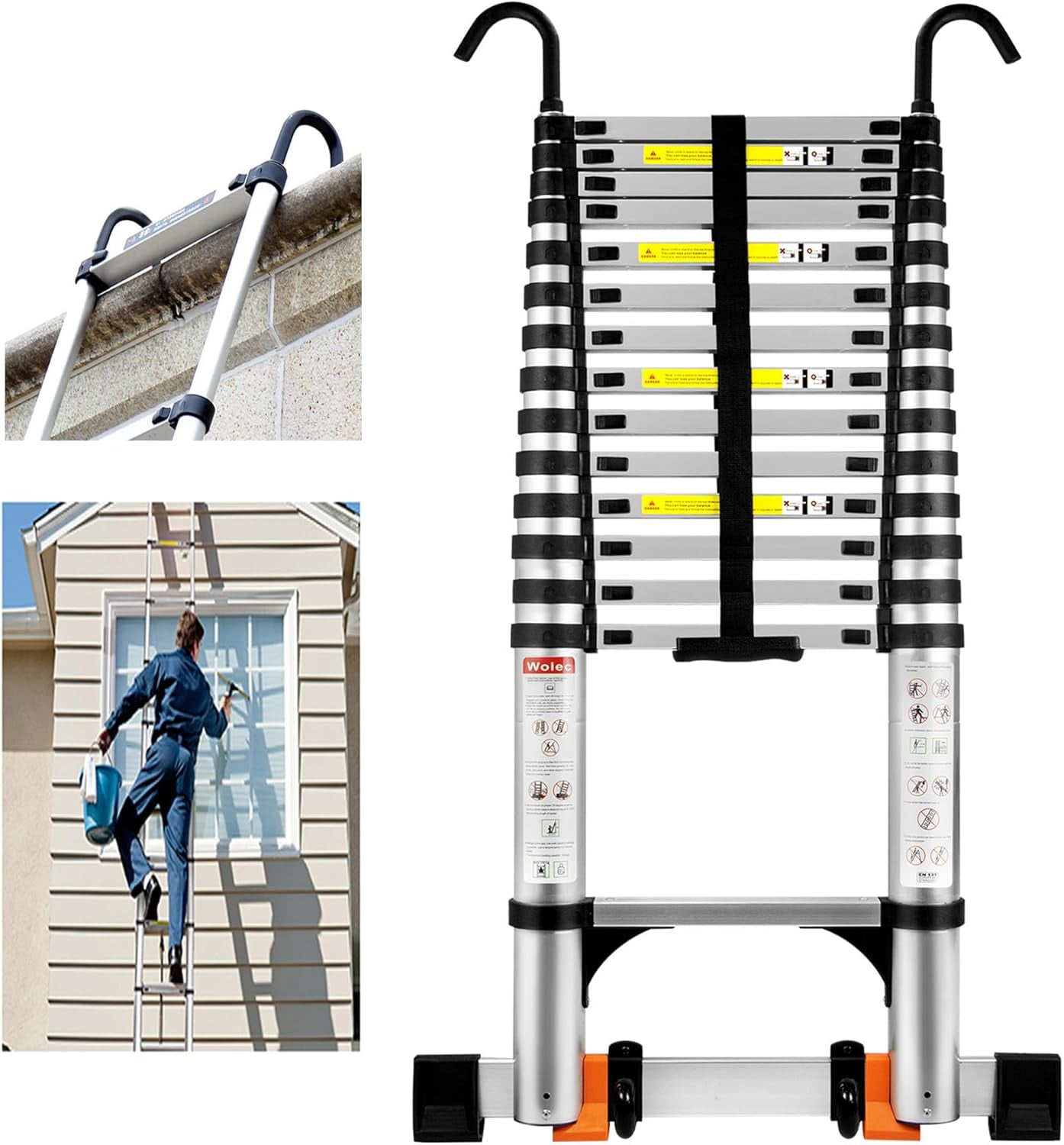Telescoping Ladder, 14.5FT Aluminum Portable Extension Ladder w/Hooks ...