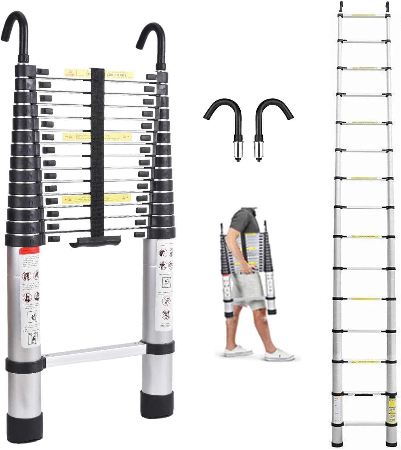 Telescoping Ladder 14FT Ladder with Roof Ladder Hooks, Aluminum ...