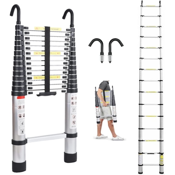 Telescoping Ladder 14FT Ladder with Roof Ladder Hooks, Aluminum ...