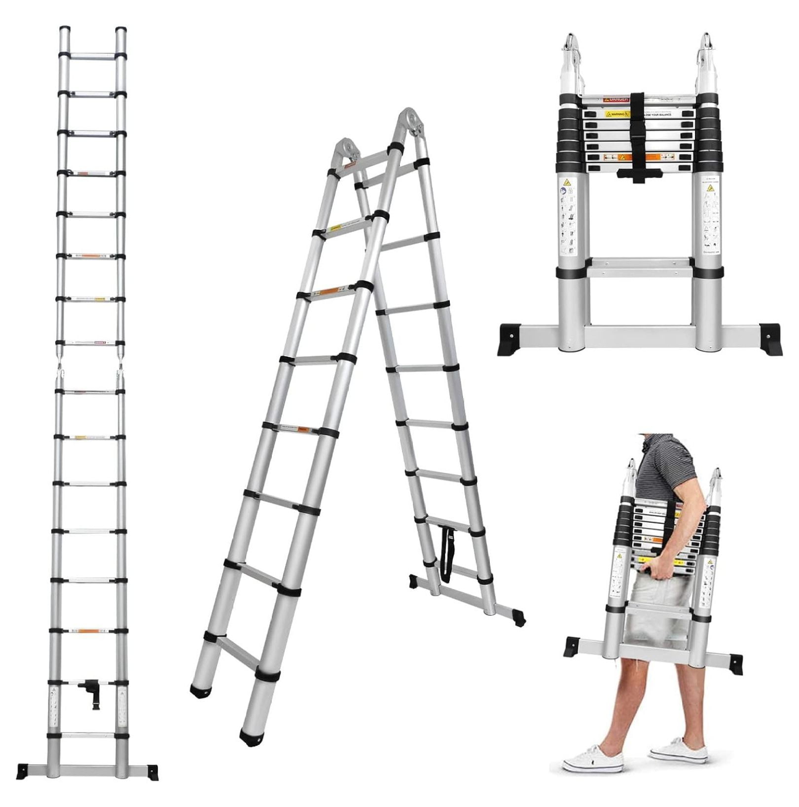 Telescoping Ladder 16.4ft (8.2ft+8.2ft) Aluminum A-Frame Folding Ladder ...
