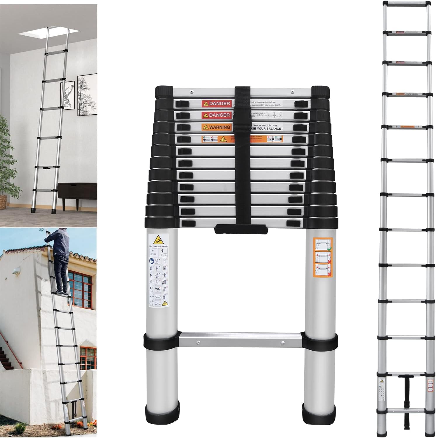 Telescoping Ladder, 16 FT Aluminum Telescopic Ladder Extension ...