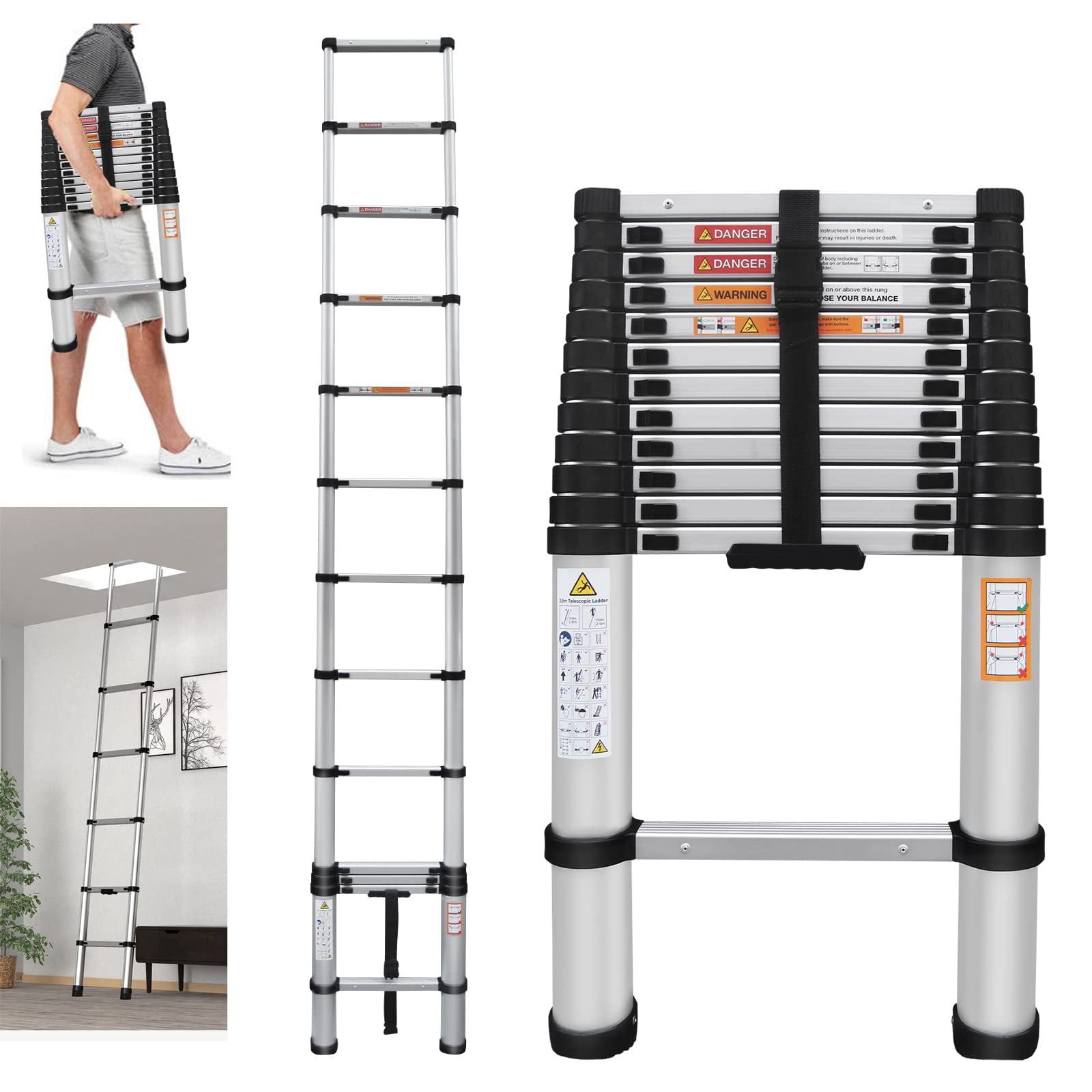 Telescoping Ladder 16 FT Extension Ladder Aluminum Collapsible Ladder ...
