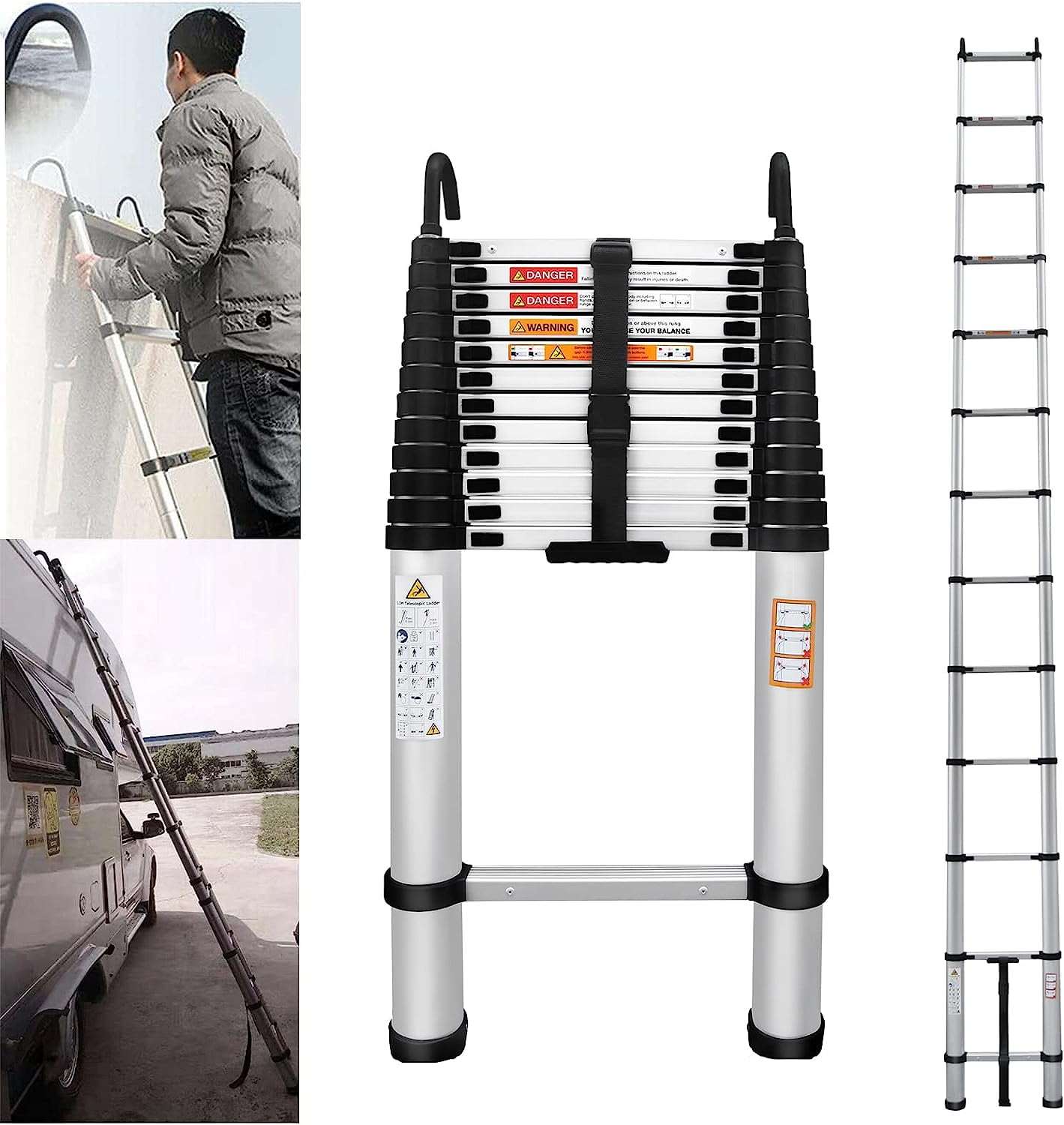 16FT Aluminum Telescoping Ladder, 2 Detachable Roof Hooks, Collapsible ...