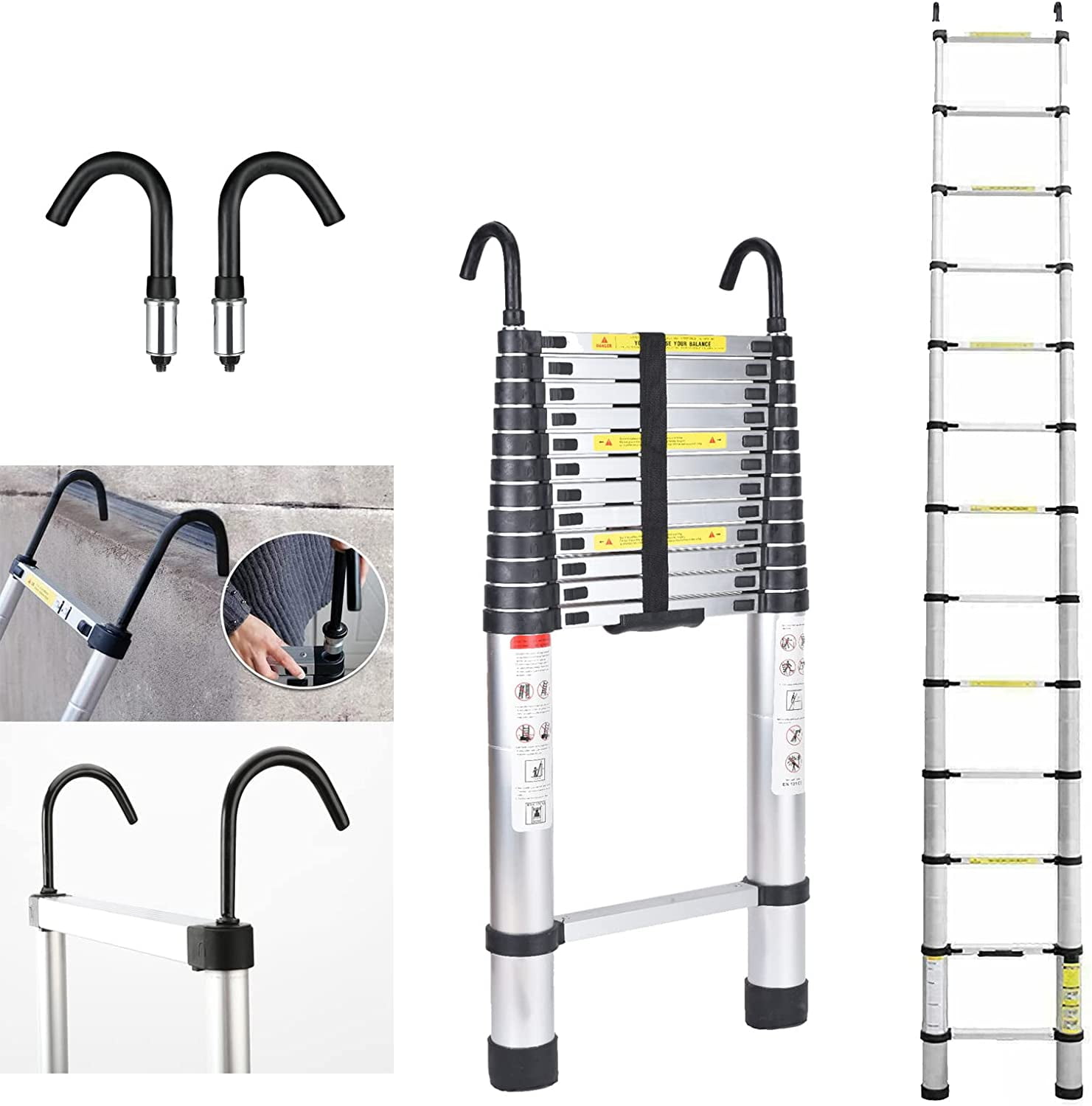 Telescoping Ladder 16FT Extension Ladder with 2 Roof Ladder Hooks ...