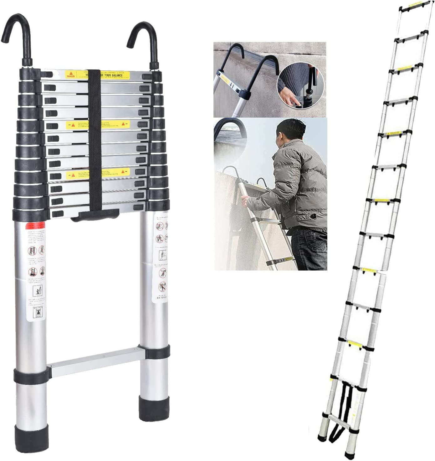 Telescoping Ladder 16FT Ladder with Roof Ladder Hooks, Aluminum ...
