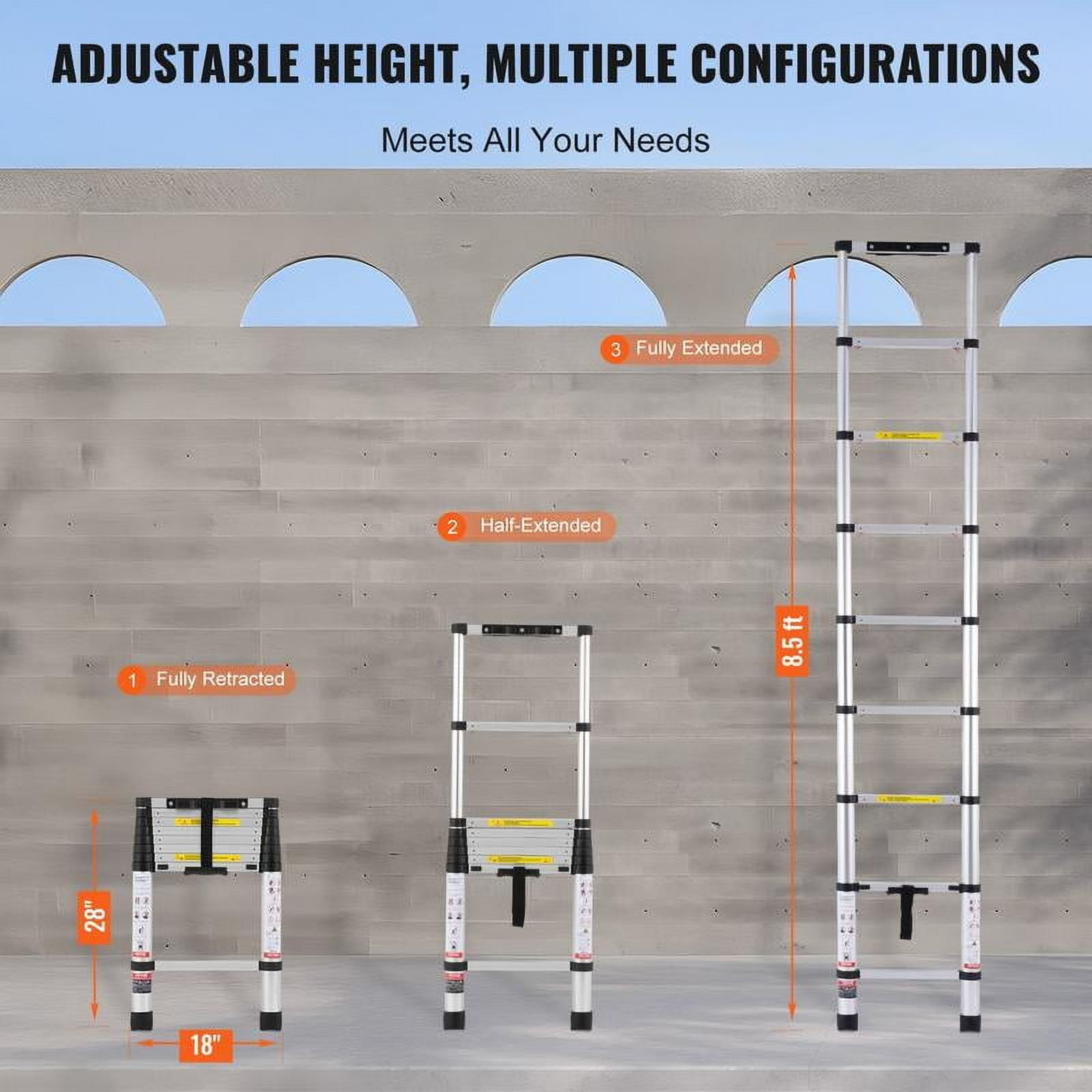 Telescoping Ladder, 18.5 FT Aluminum One-button Retraction Collapsible ...