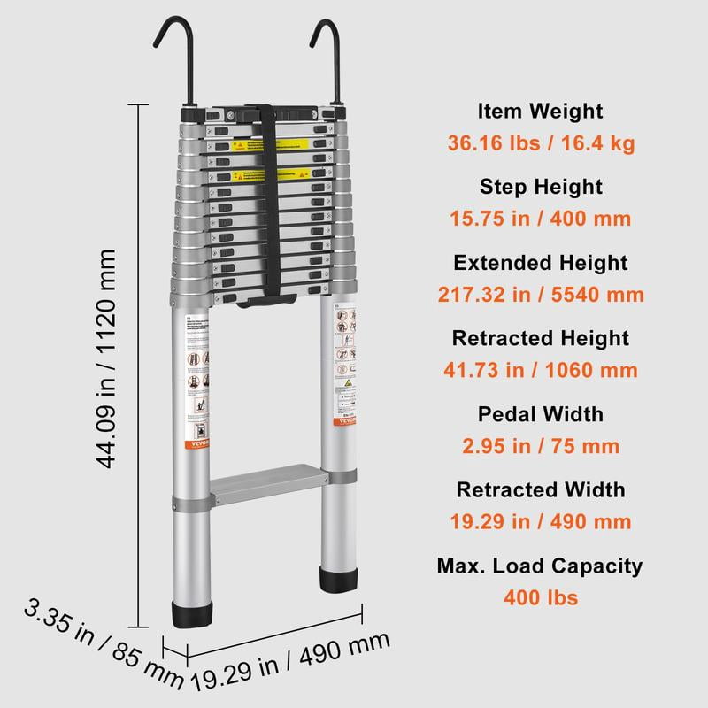 Telescoping Ladder, 18.5 FT Aluminum One-button Retraction Collapsible ...