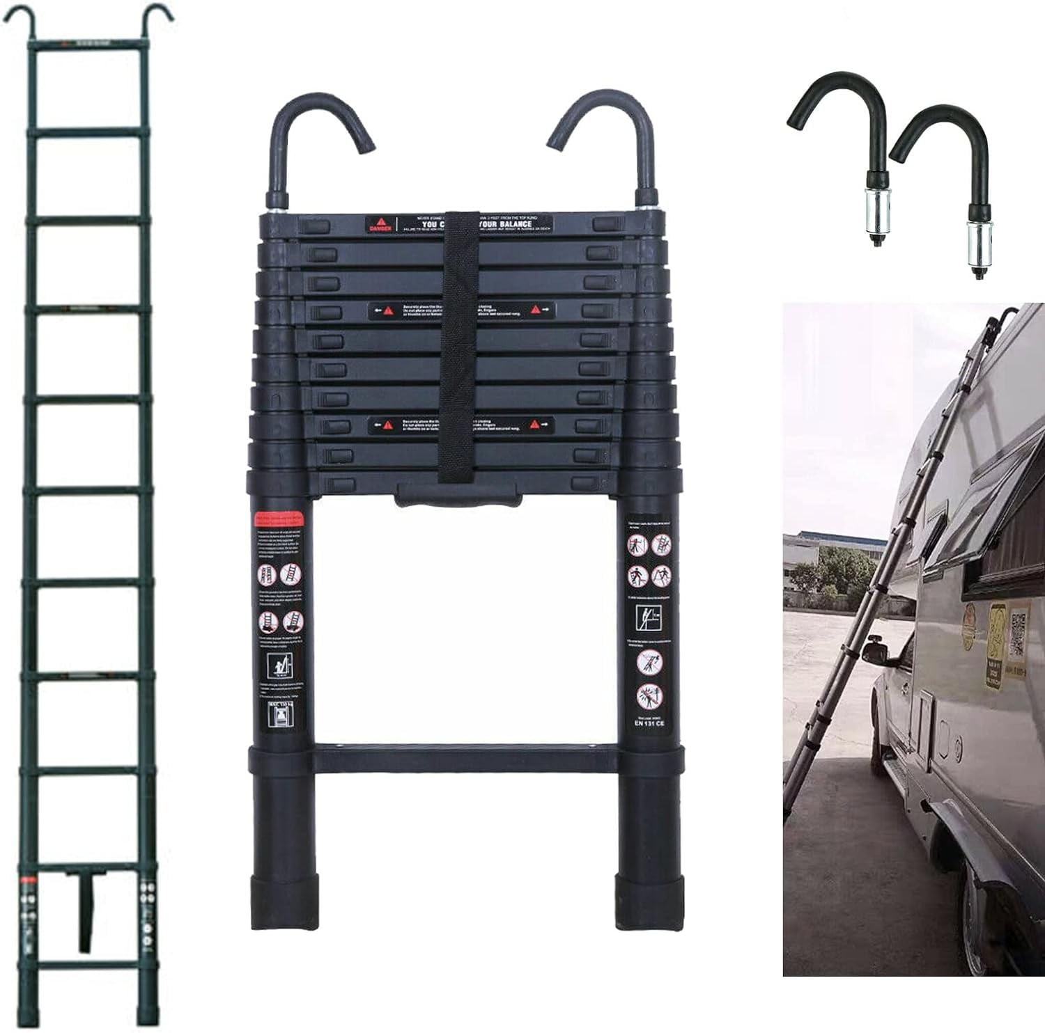 Telescoping Ladder With 2 Detachable Roof Hooks, 12 FT Aluminum ...