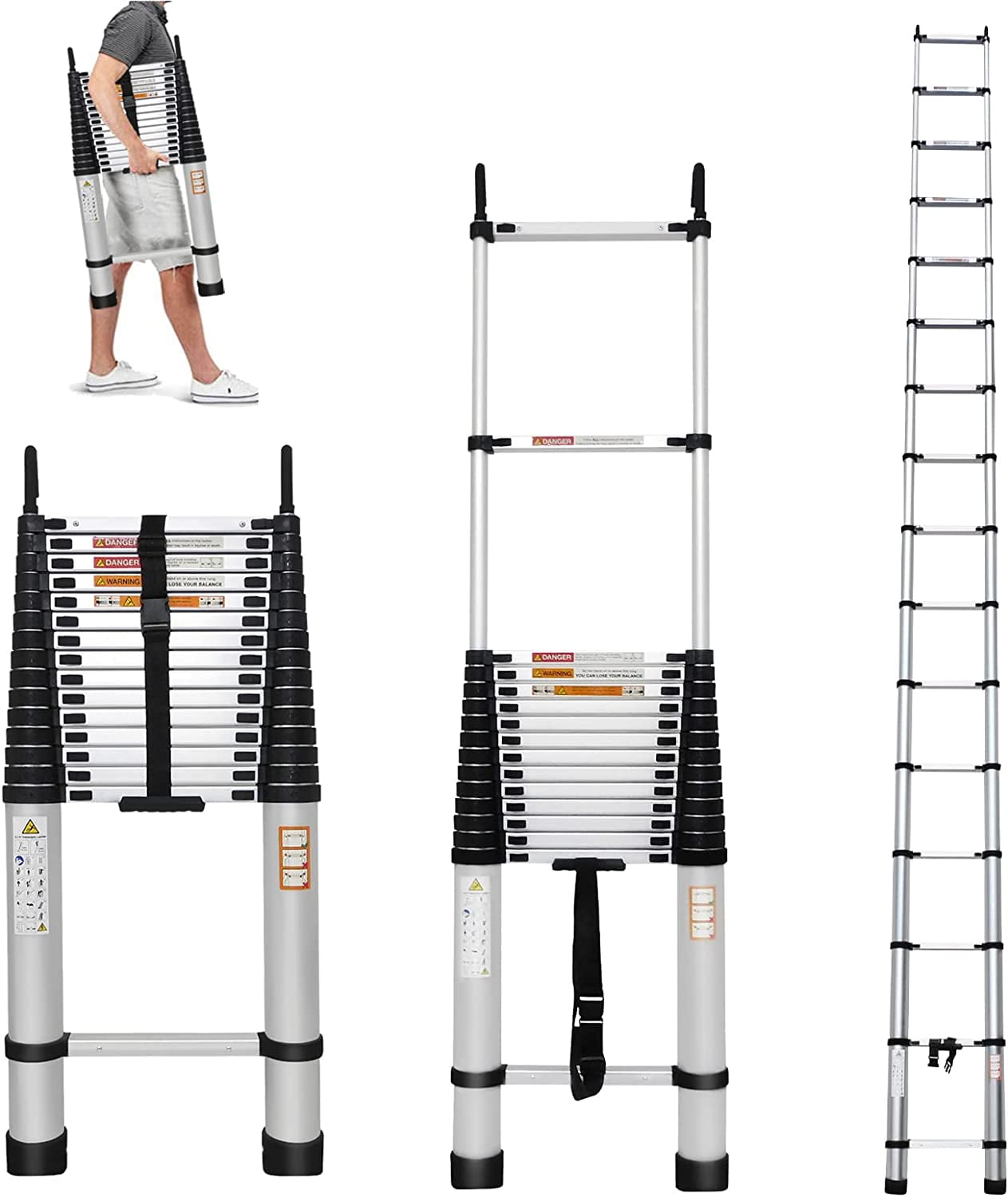 20FT Aluminum Telescopic Extension Ladder with Detachable Roof Hooks ...