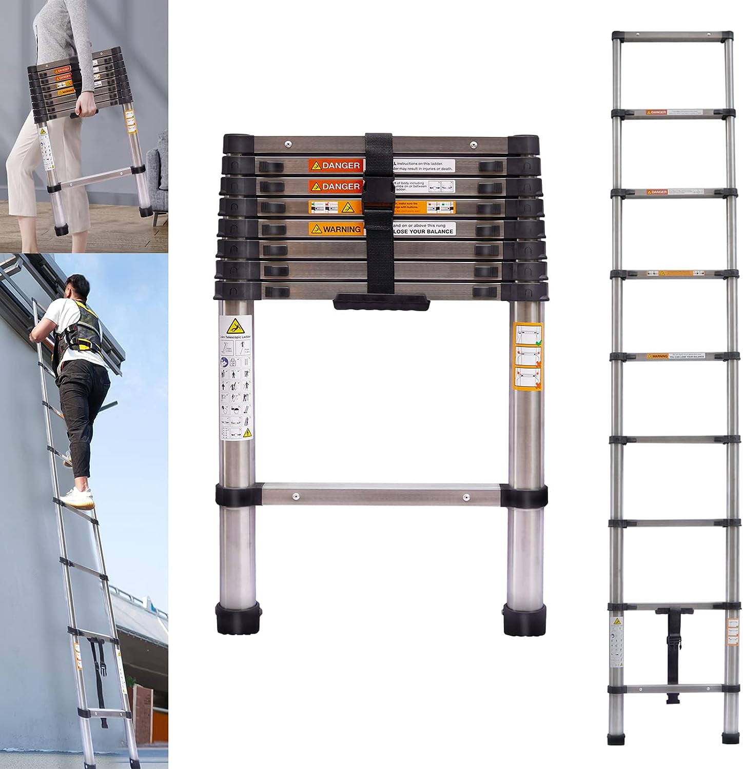 Telescoping Ladder 8.5 FT Stainless Steel Telescopic Extension ...