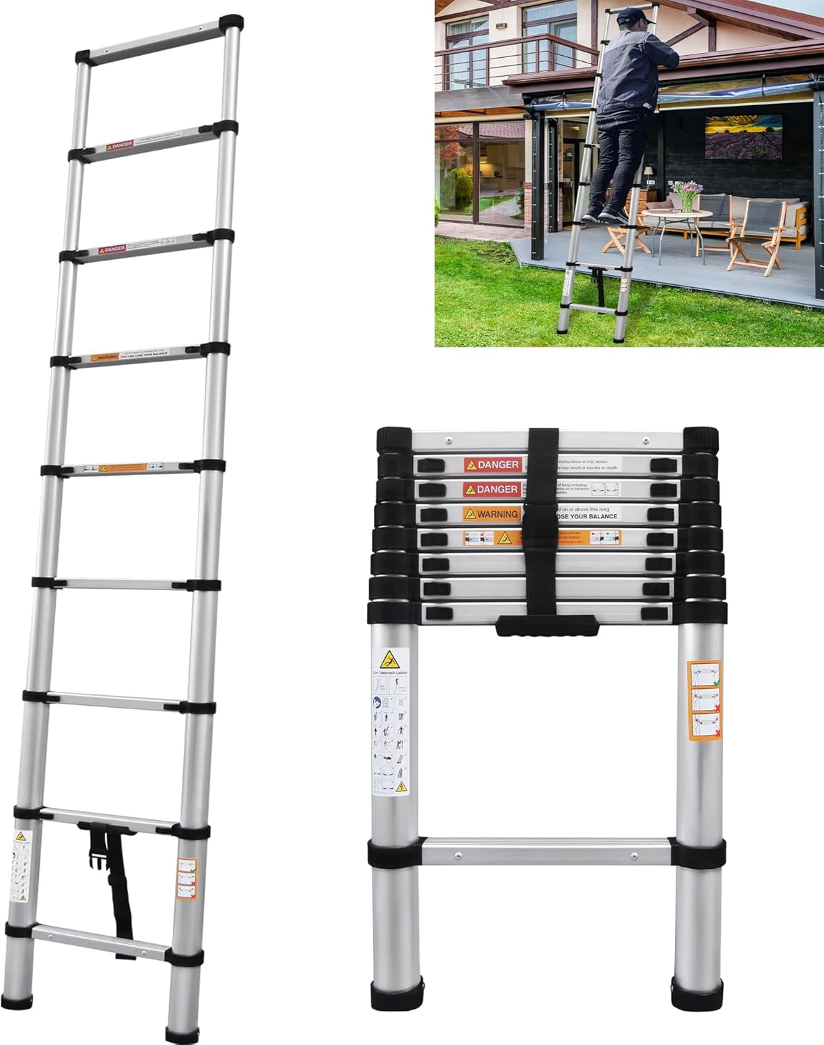Telescoping Ladder 8.5FT Aluminium Telescopic Extension Ladder ...