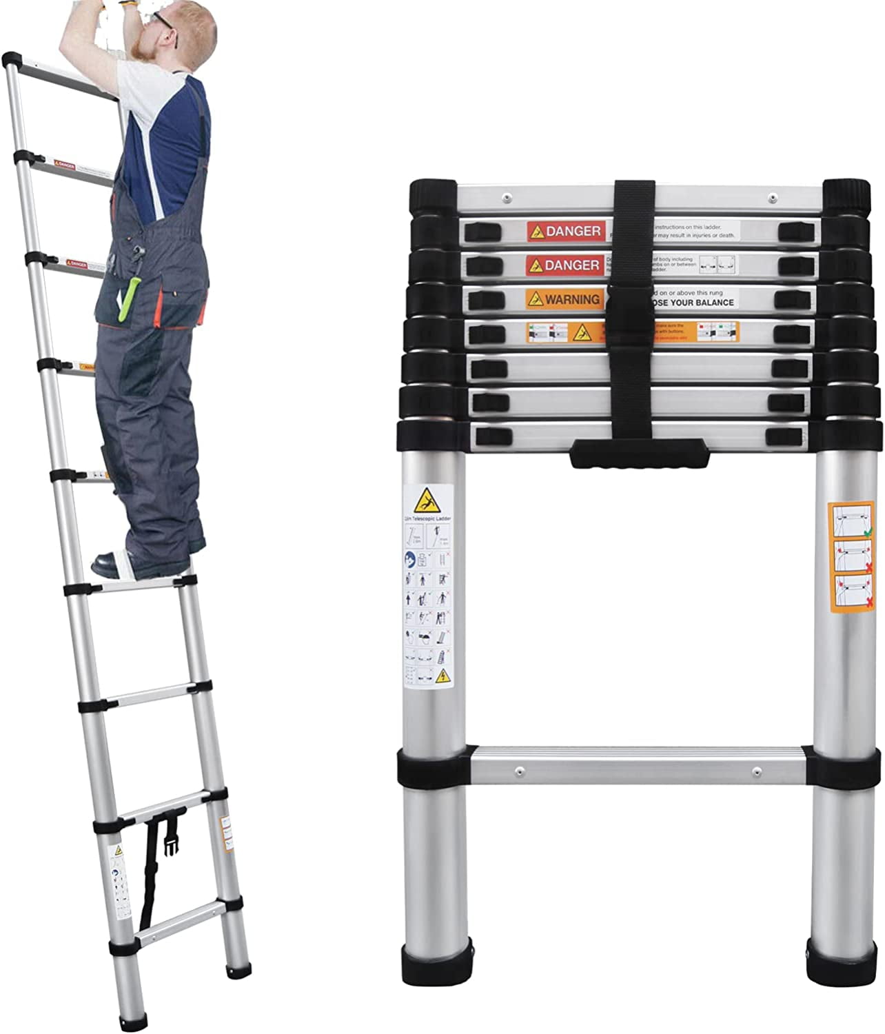 Telescoping Ladder 8FT Aluminum Telescoping Extension Ladder ...