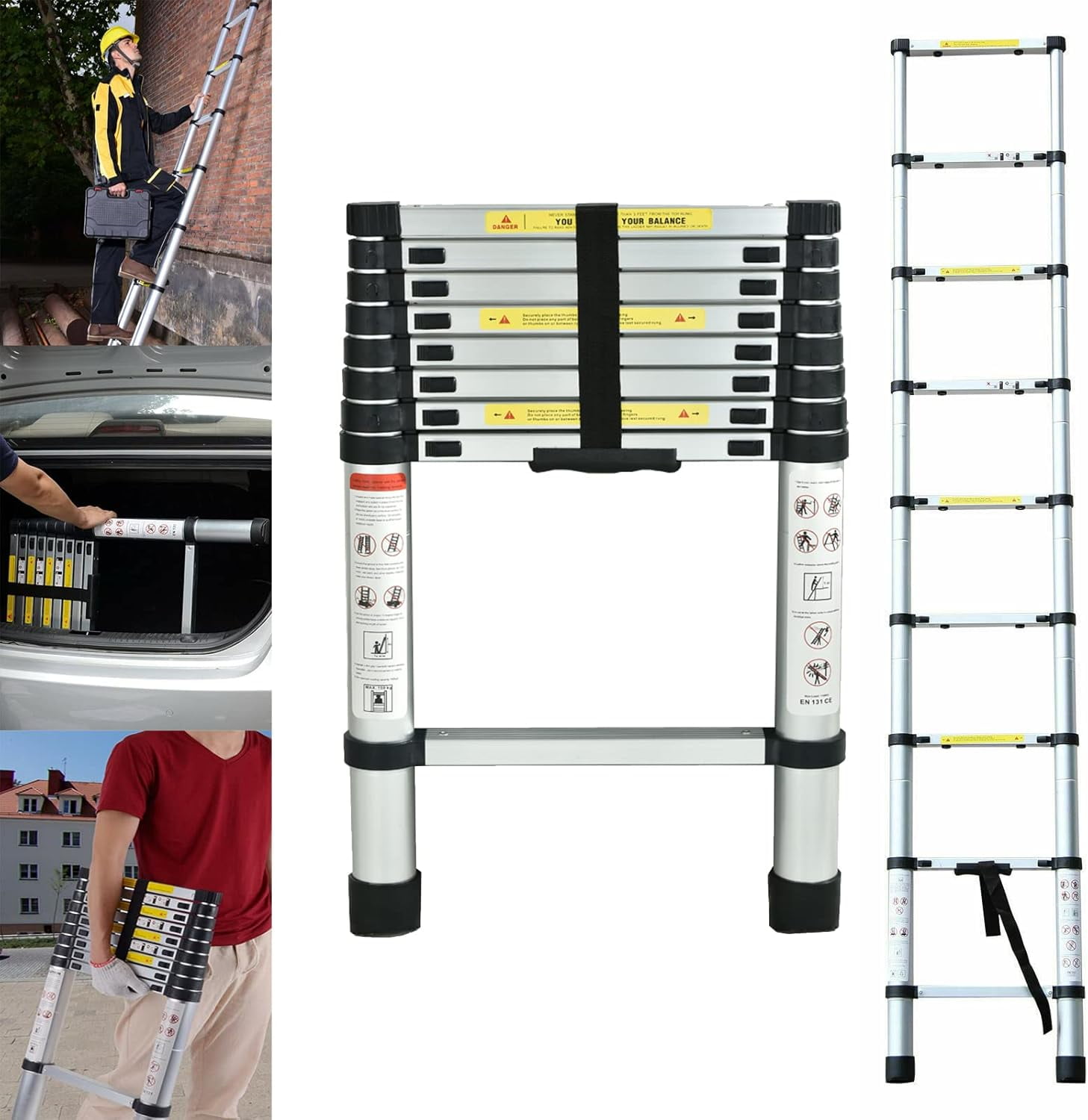 Aluminum Telescoping Ladder - 8FT Extension, Collapsible with Locking ...