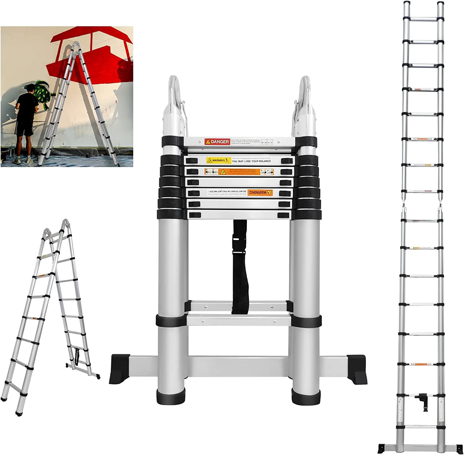 Telescoping Ladder A-Frame 16.5 FT Aluminum Telescoping Extension ...