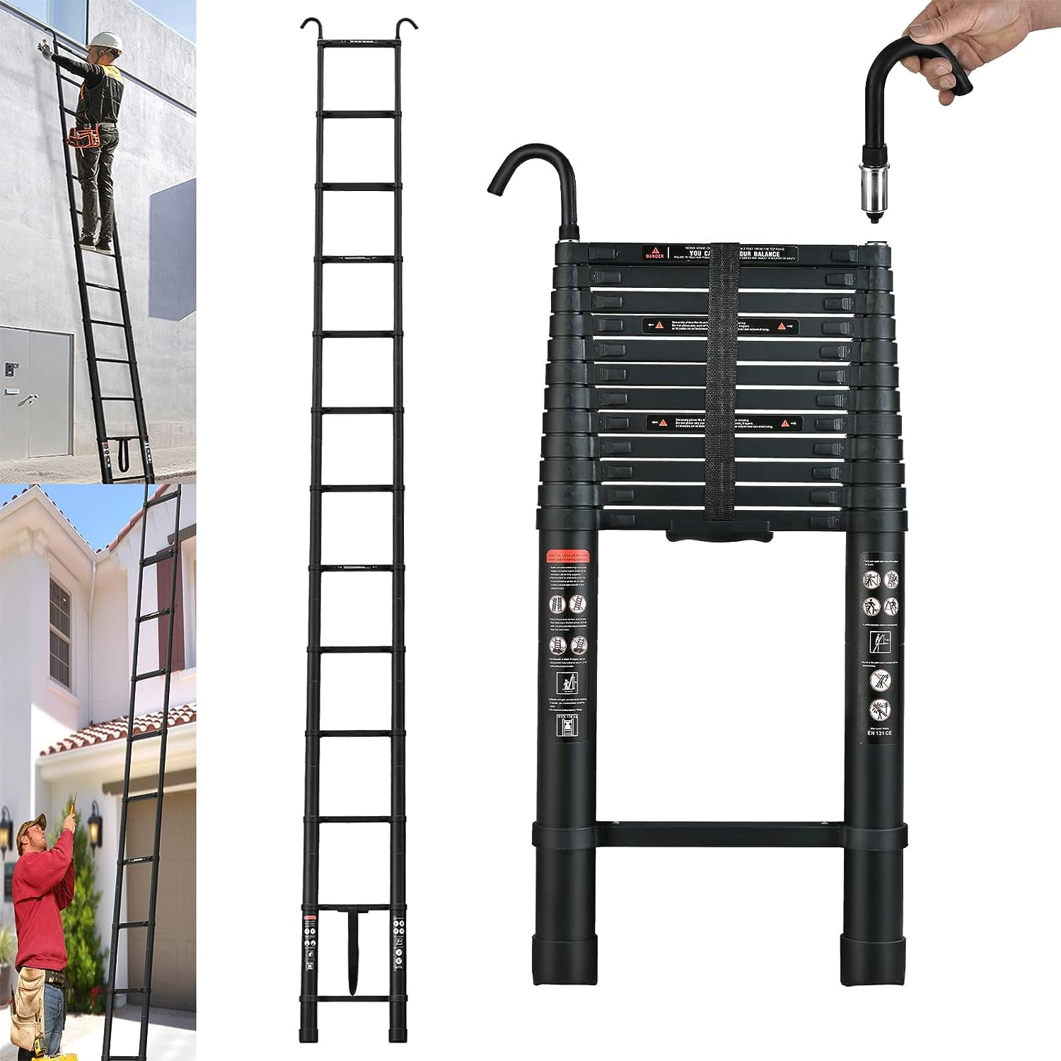 Jupiter Telescoping Ladder Aluminum 16FT, Extension Ladder with Roof ...