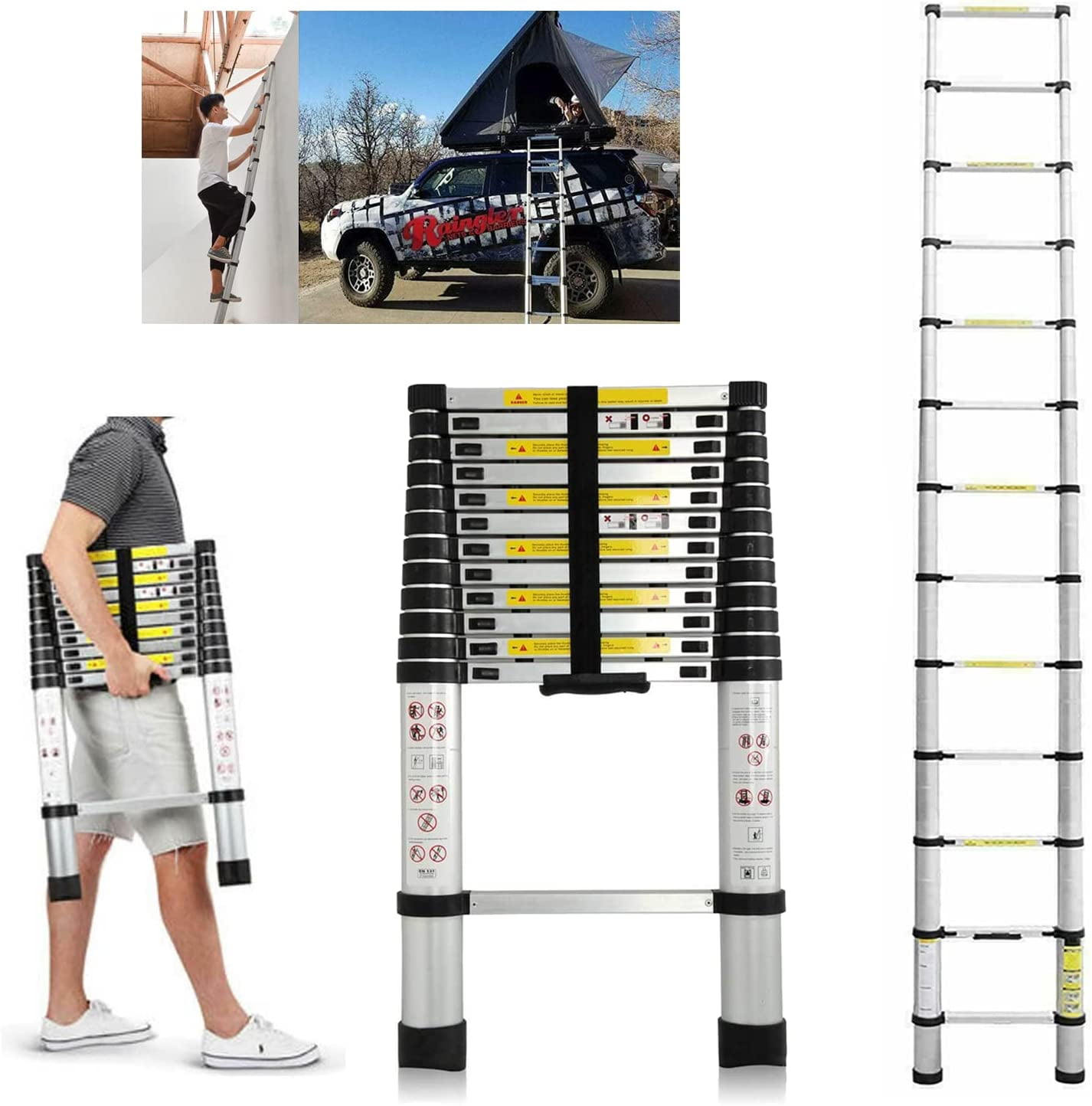 Telescoping Ladder Extension Ladders for Home 12FT, Aluminum Telescopic ...