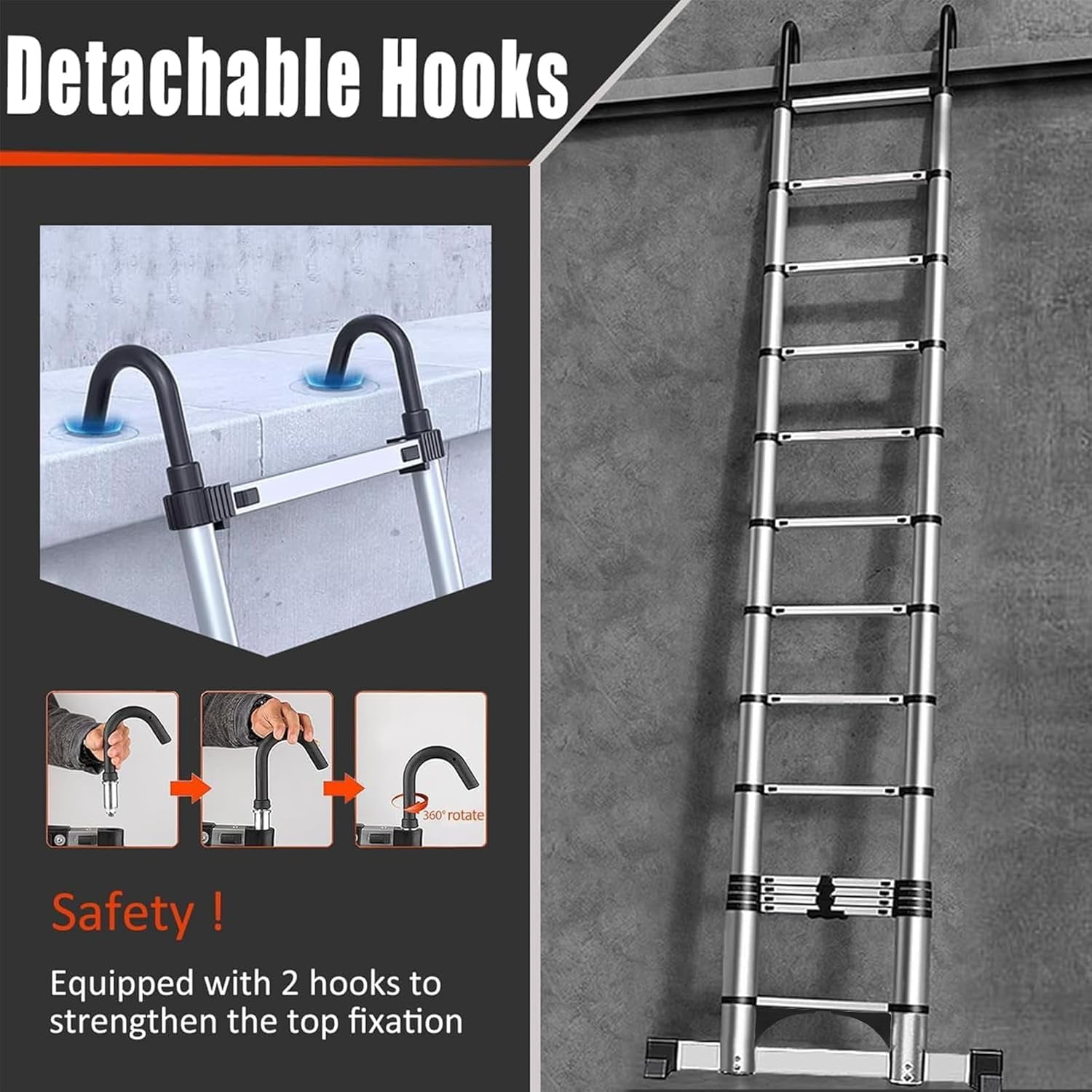 Telescoping Ladder with Hooks 10.5 FT - Aluminum Telescopic Ladder with ...