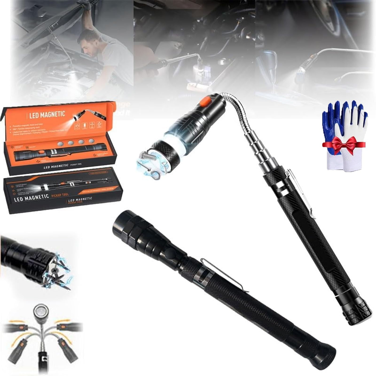 Telescoping Magnetic Pickup Tool, LED Magnetic Flashlight Rechargeable ...