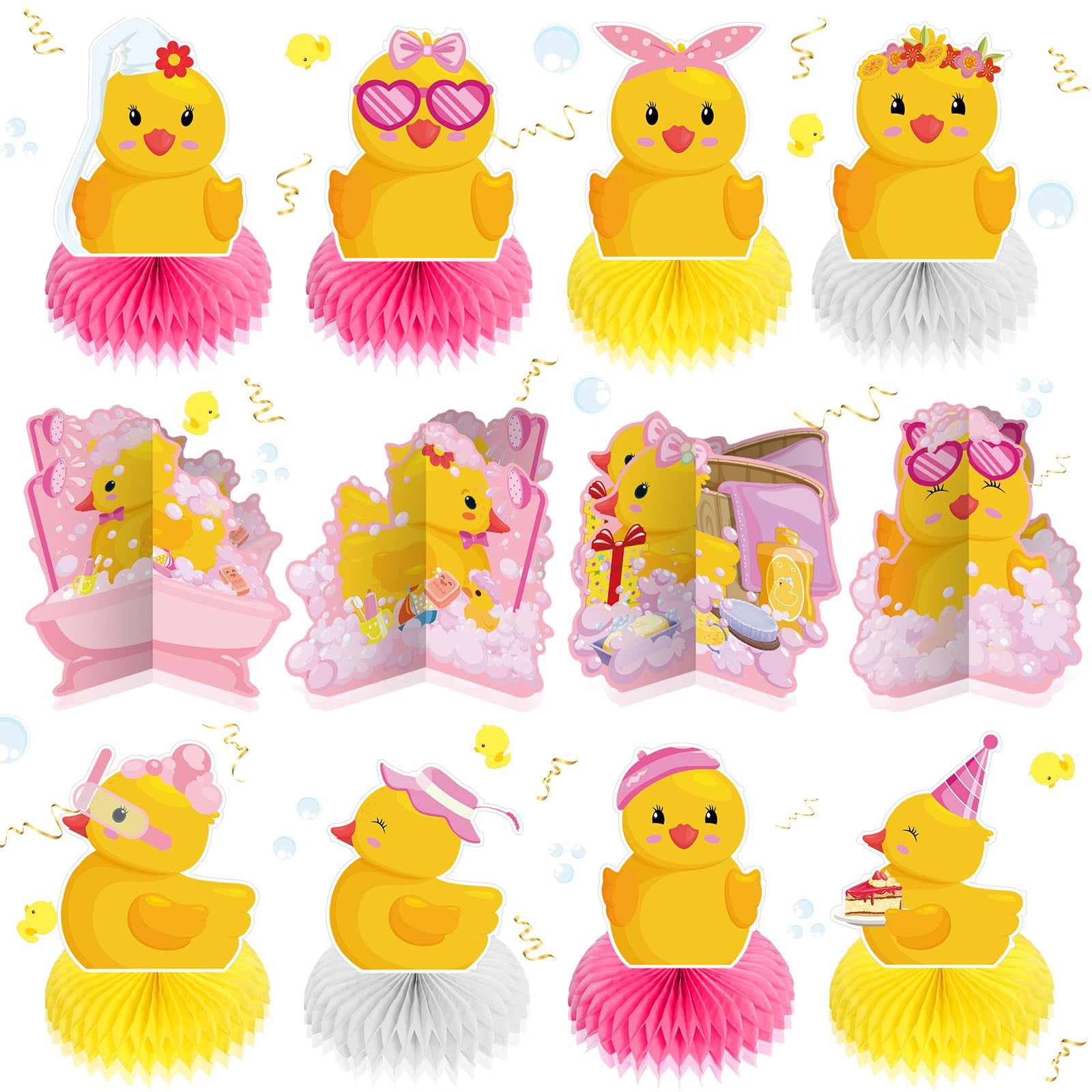 Teling 12 Pcs Duck Birthday Decorations BSL1 Pink Duck Honeycomb ...