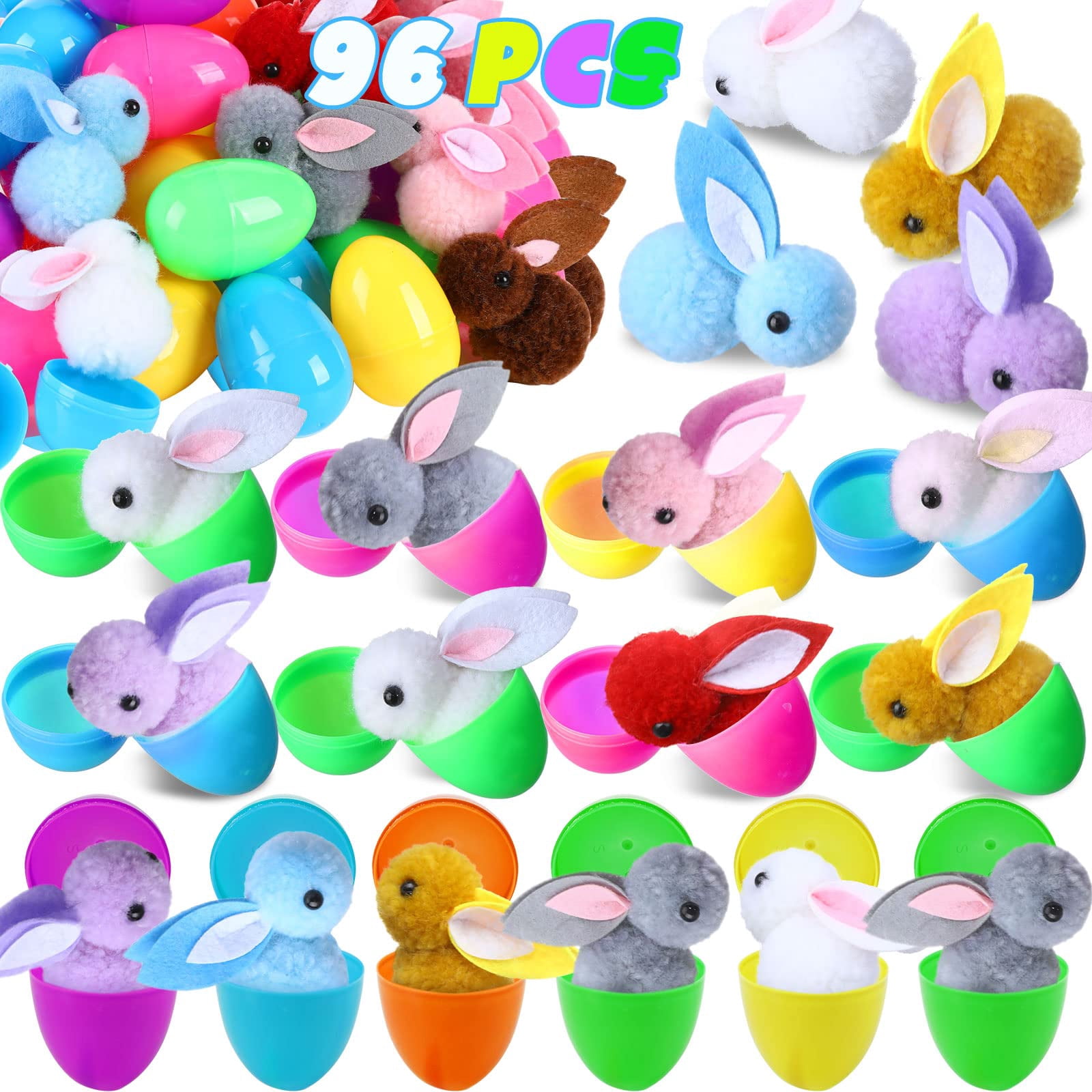 Teling 96 Pack Easter Egg Fillers Set with 48 Pcs Eggs and 48 Pcs Bunny ...