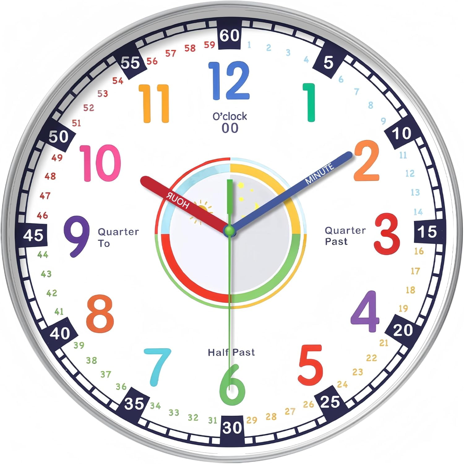 Telling Time Clock - NonTicking Cute Wall Watch Clock - Silent Analog ...