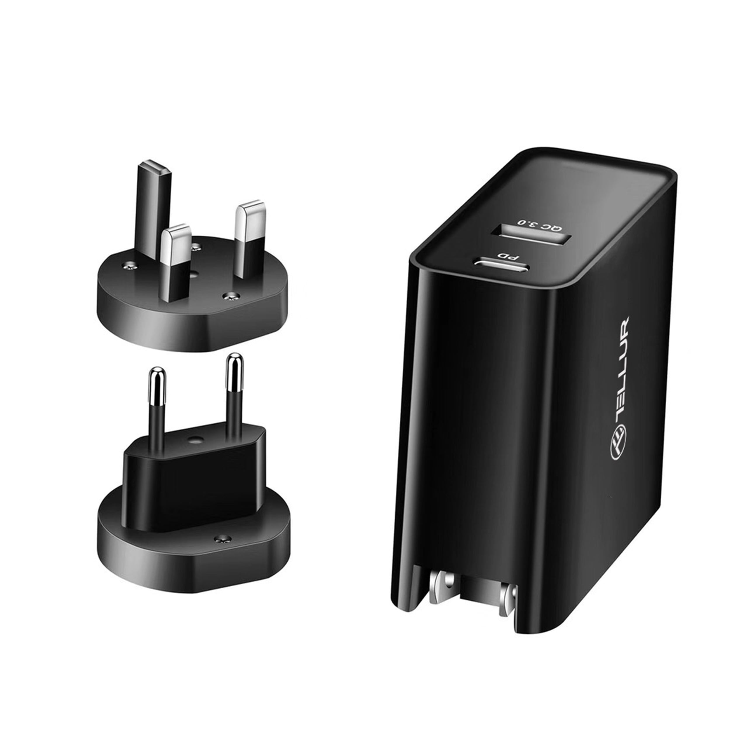 Tellur PDHC1 48W Dual-Port PD Charger PD30W + QC3.0, 3 Plug Adapters (US, EU, UK), Compatible ...