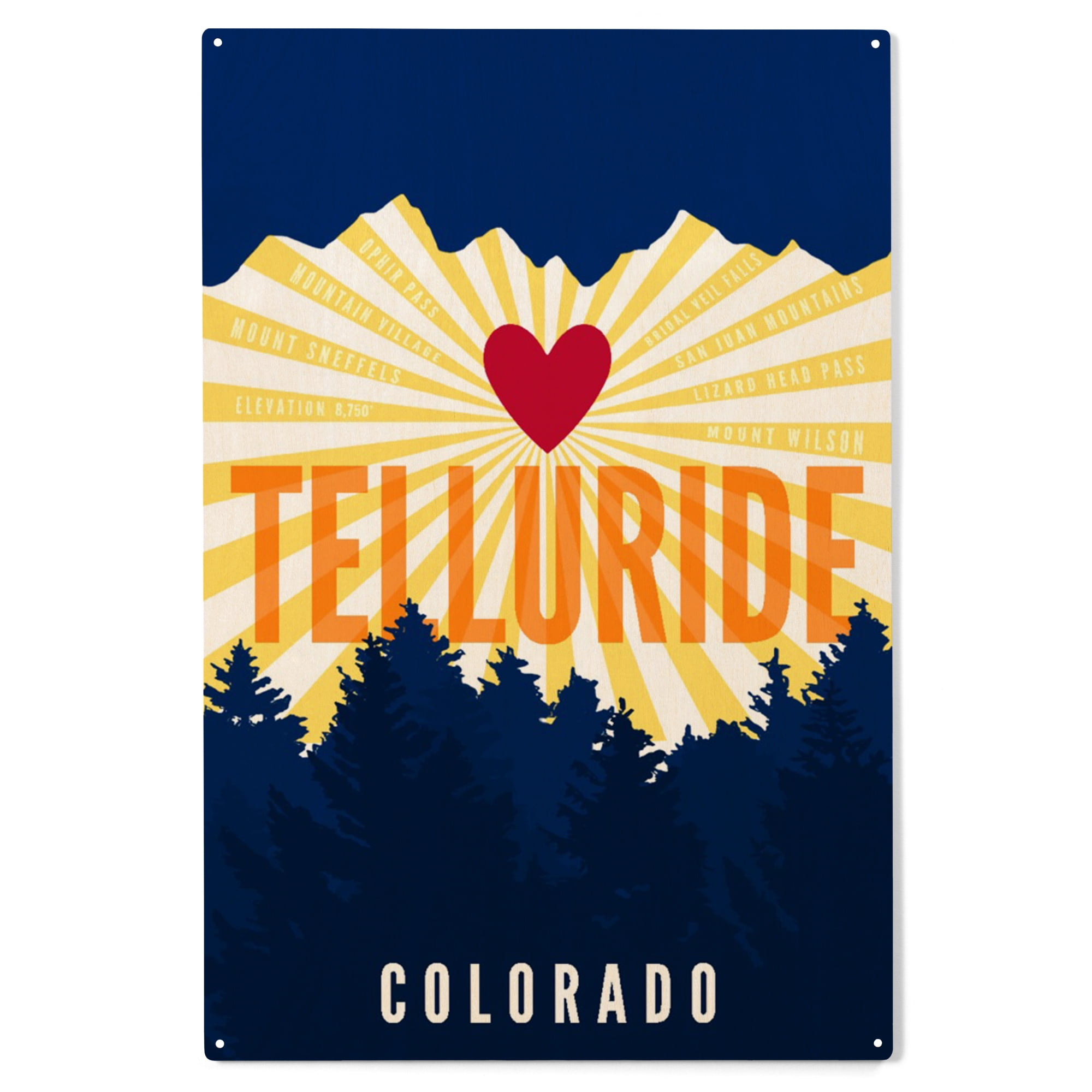 Telluride, Colorado, Heart and Mountains Birch Wood Wall Sign (10x15 ...