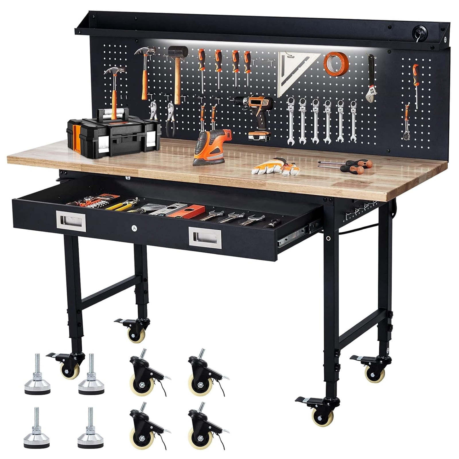 Telyswee 60" Workbench with Rubber Wood Top and Pegboard, Adjustable ...